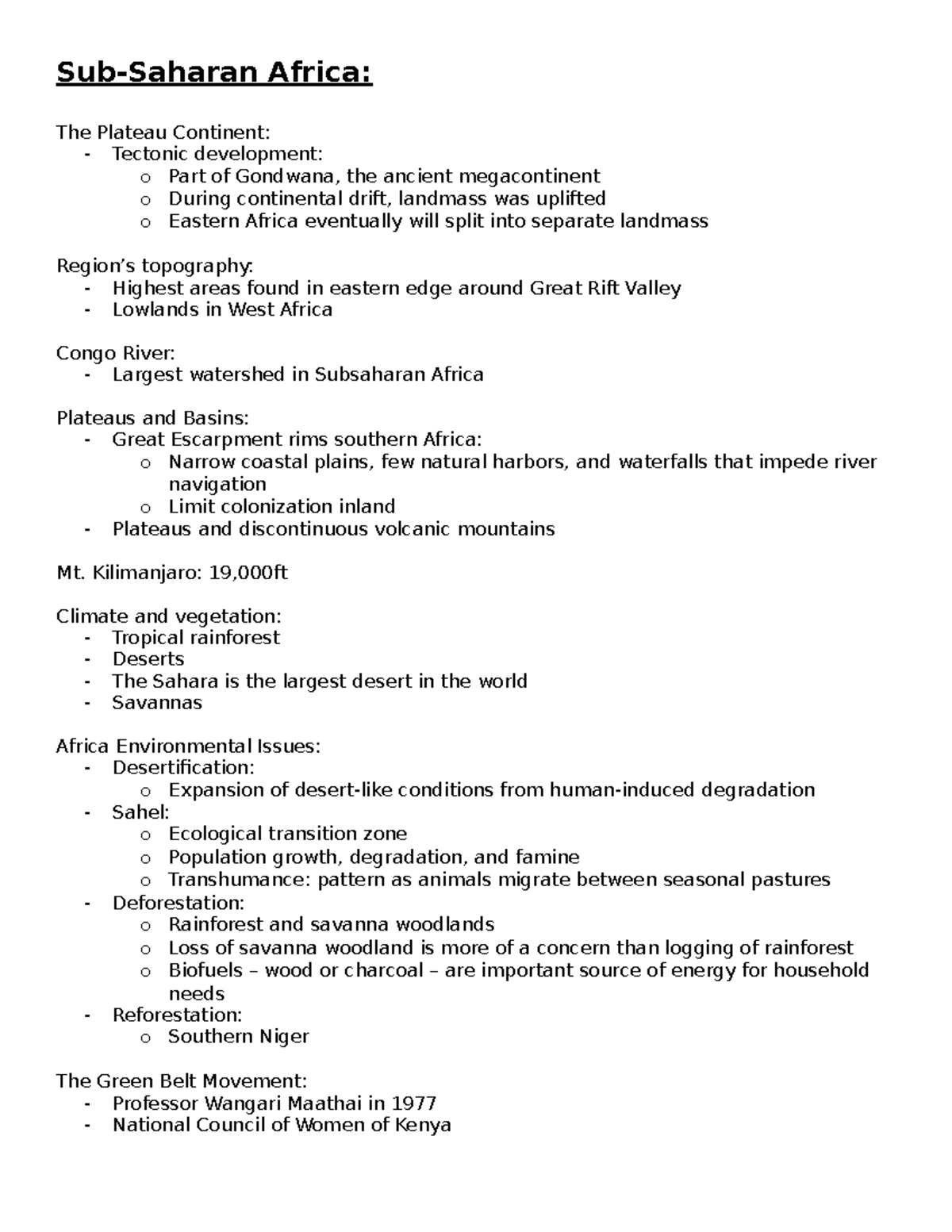 GEOG 230 Subsaharan Africa Notes - Sub-Saharan Africa: The Plateau ...
