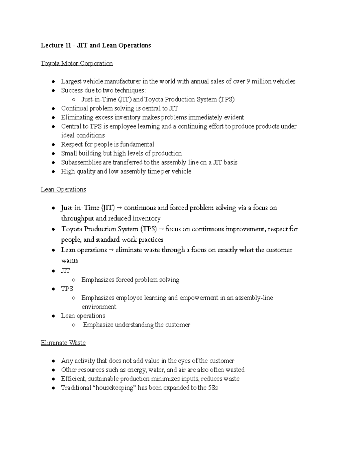 GMS401 Lecture 11 Weekly notes - Lecture 11 - JIT and Lean Operations ...
