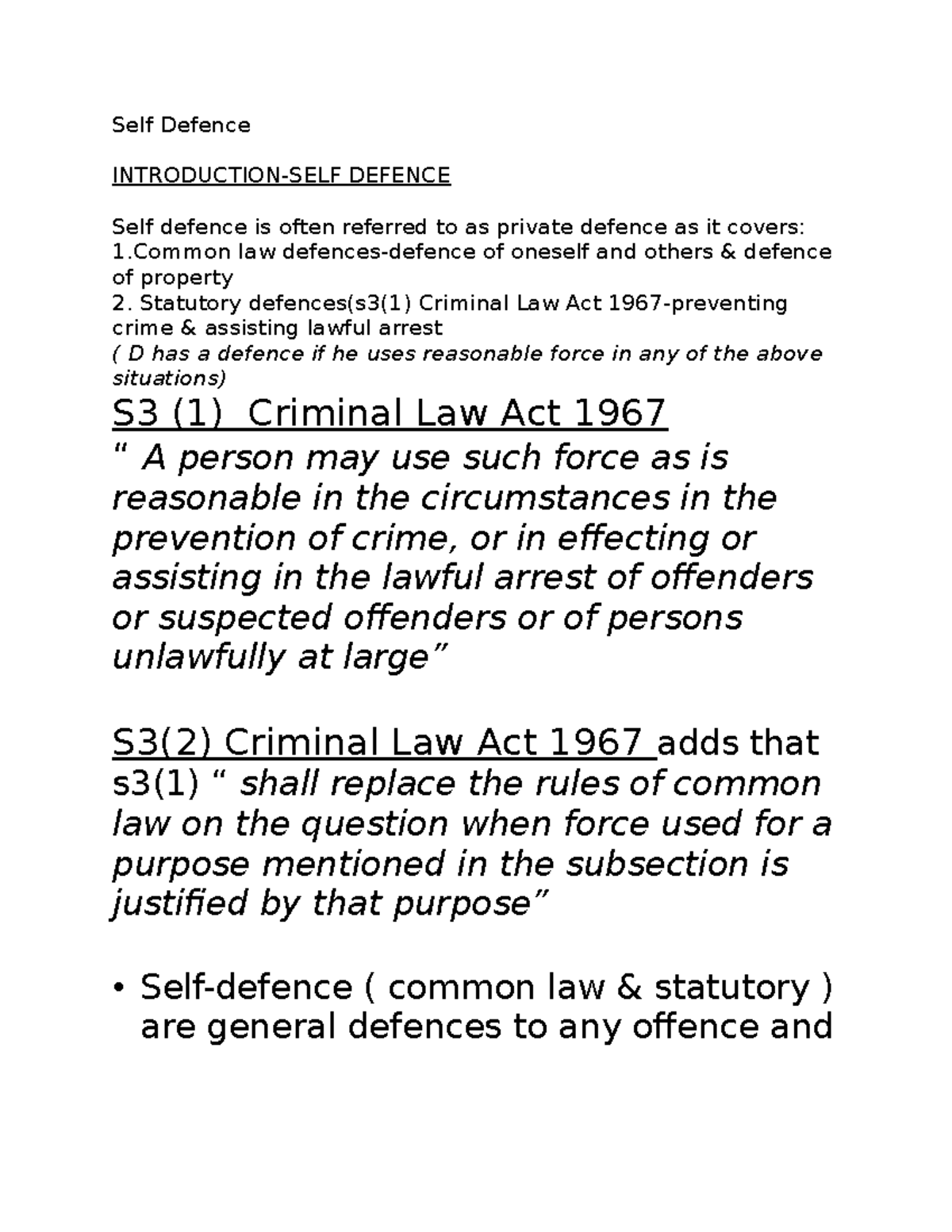 Self Defence - Self Defence INTRODUCTION-SELF DEFENCE Self defence is ...