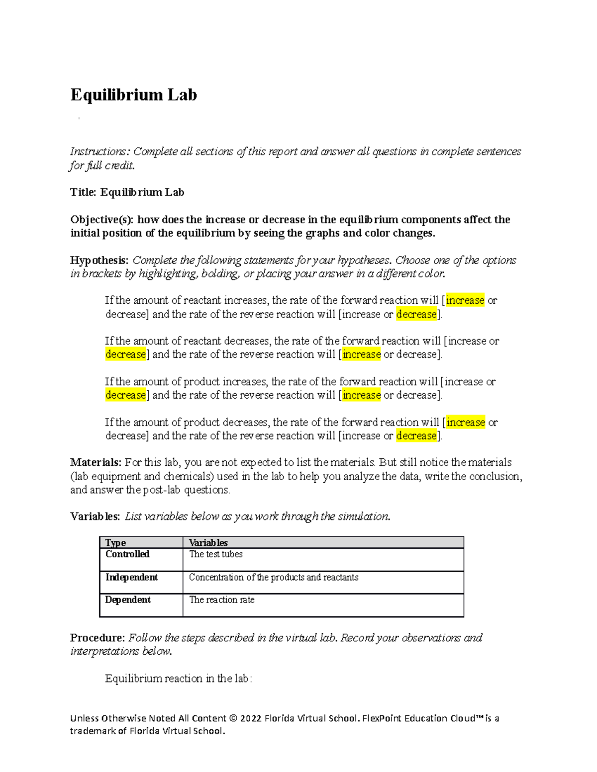 Equilibrium lab - lab - Equilibrium Lab Instructions: Complete all ...