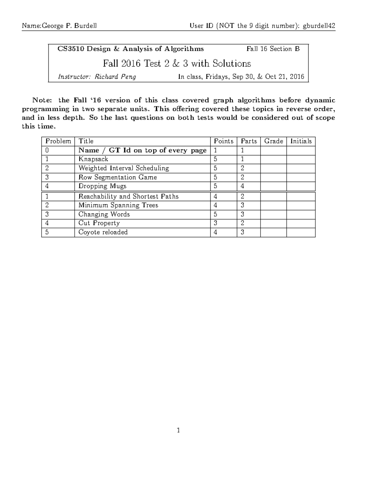 Test 2 And 3 Fa16 Practice Tests Cs3510 Design And Analysis Of Algorithms Fall 16 Section B