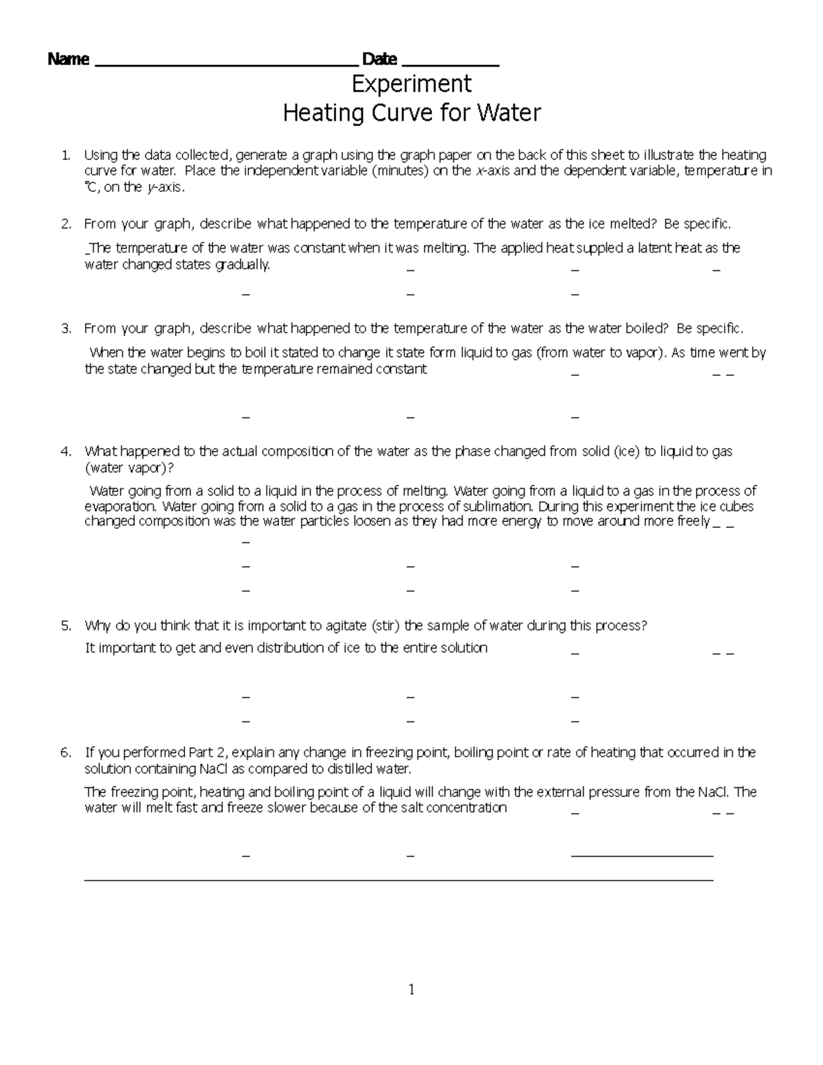 Experiment - Postlab Heating Curve - Name ______________________________ Date ...