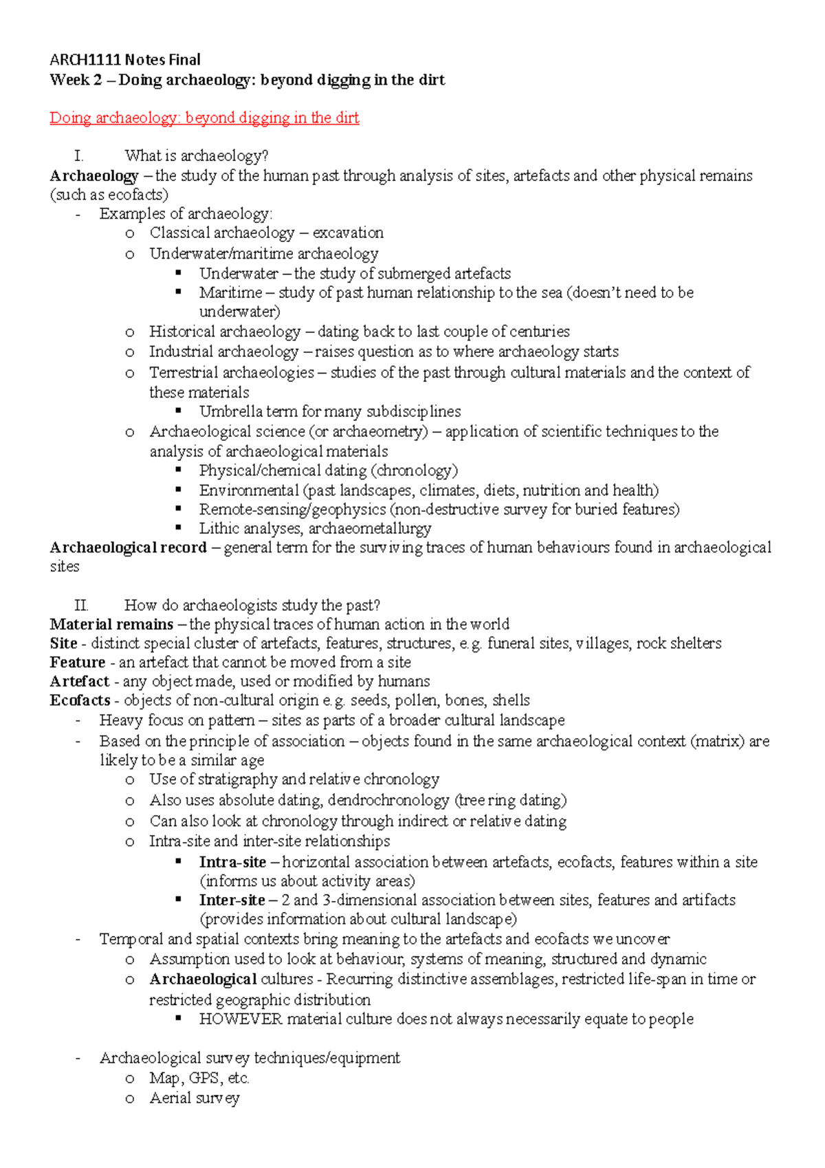 ARCH1111 notes final - Week 2 – Doing archaeology: beyond digging in ...