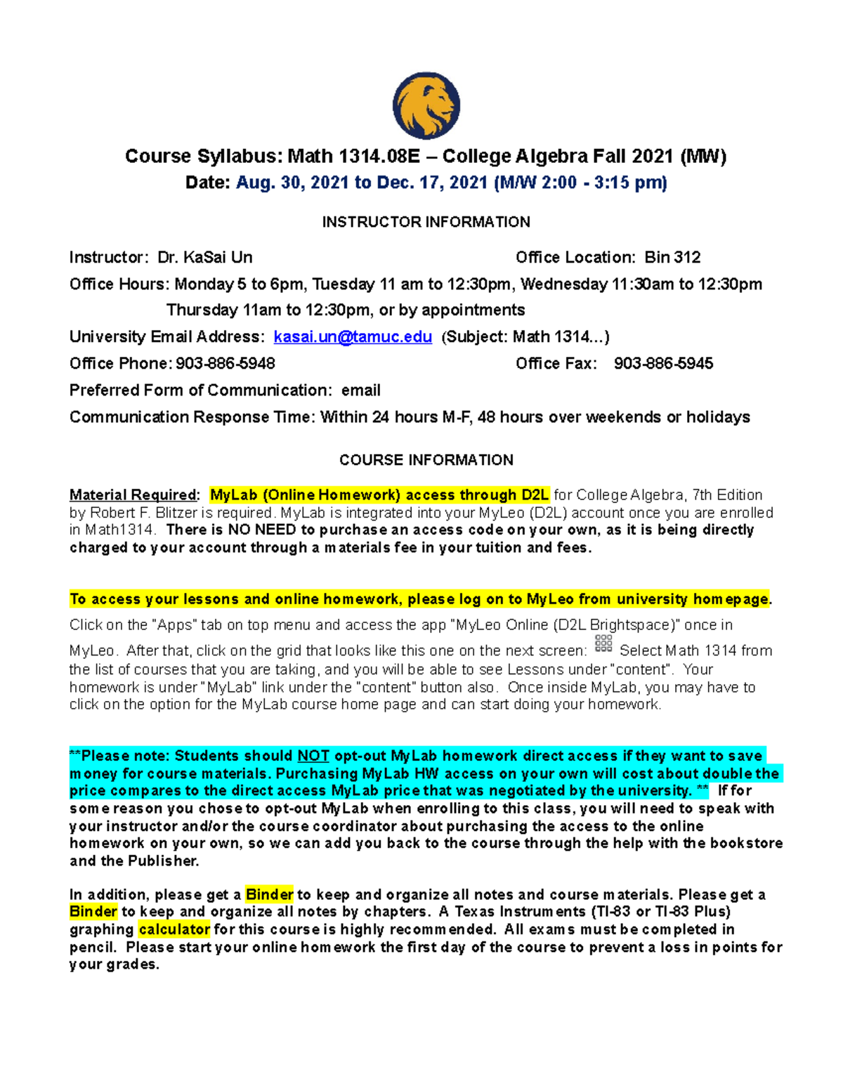 Math 131408 E Syllabus MW2p - Course Syllabus: Math 1314 – College ...