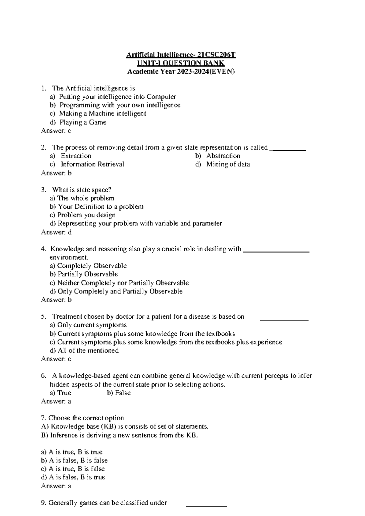 AI-QB-VDP-Unit I - good - Artificial Intelligence- 21CSC206T UNIT-I ...