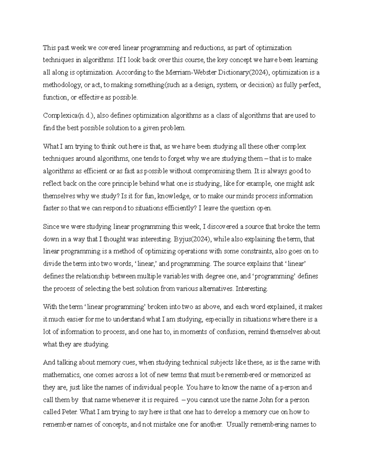 Journal 6 - This past week we covered linear programming and reductions ...