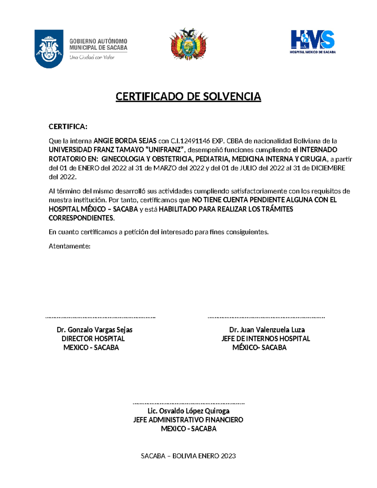 Solvencia Mexico Notas SOLE - CERTIFICADO DE SOLVENCIA CERTIFICA: Que ...