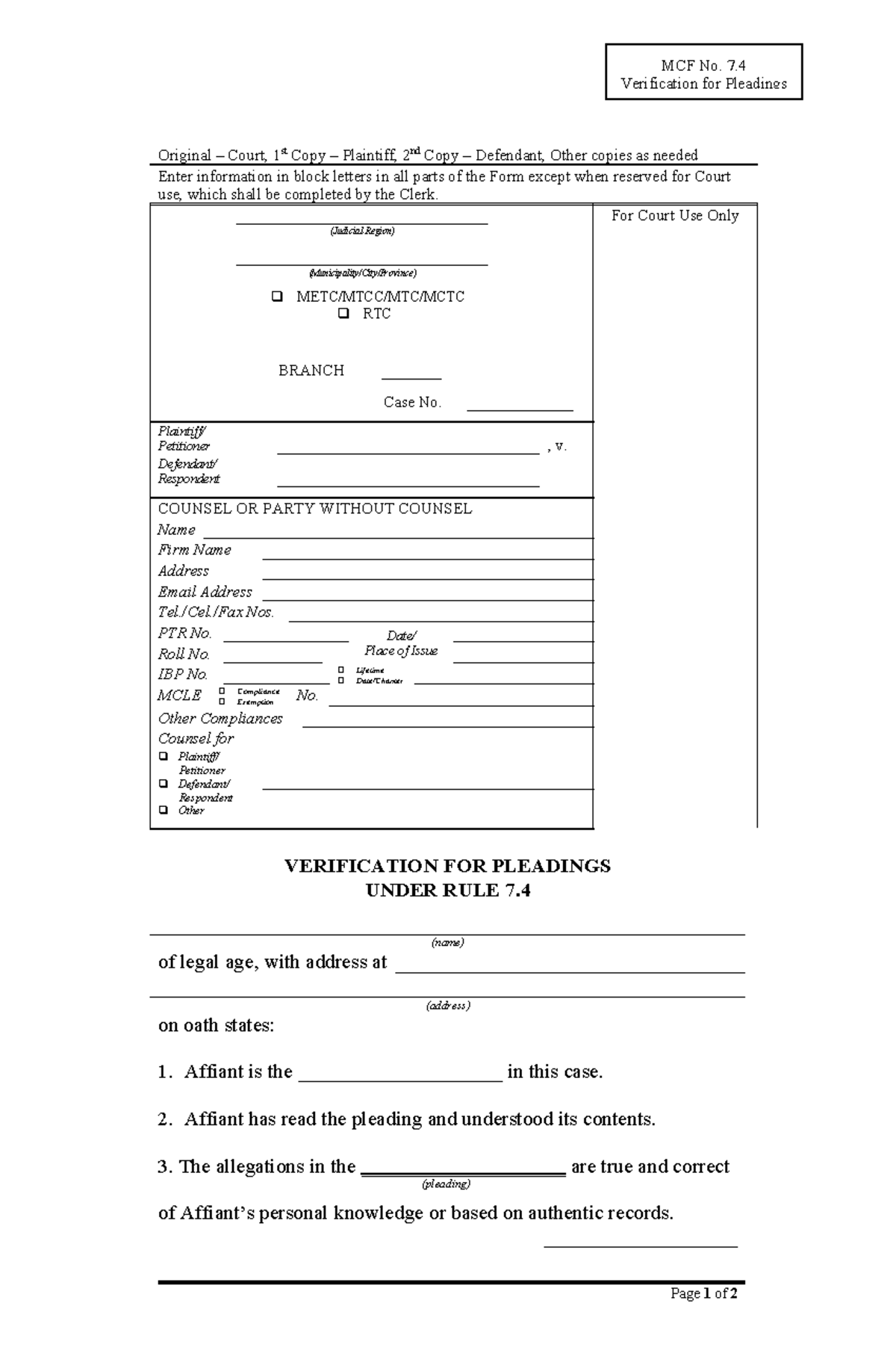 MCF 7.4 Verification of Initiatory Pleadings - MCF No. 7. Verification ...