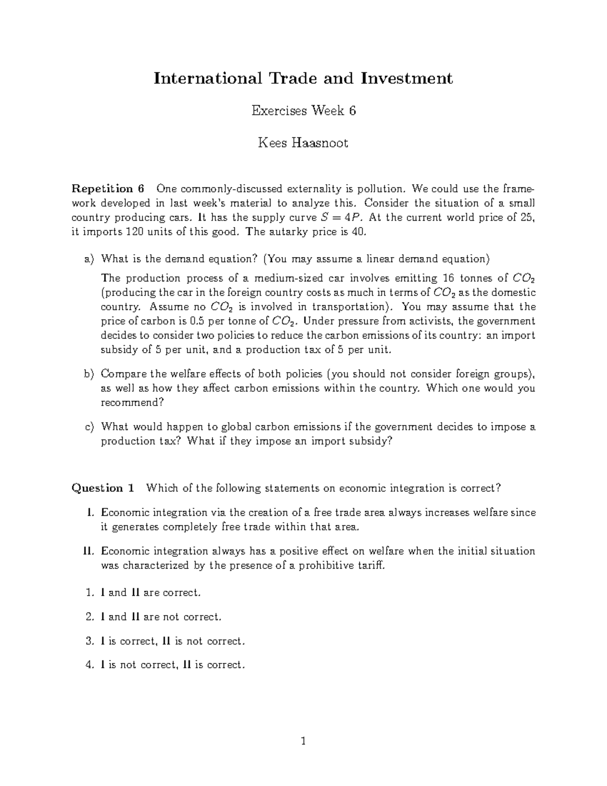 Exercises Week6 - International Trade and Investment Exercises Week 6 ...