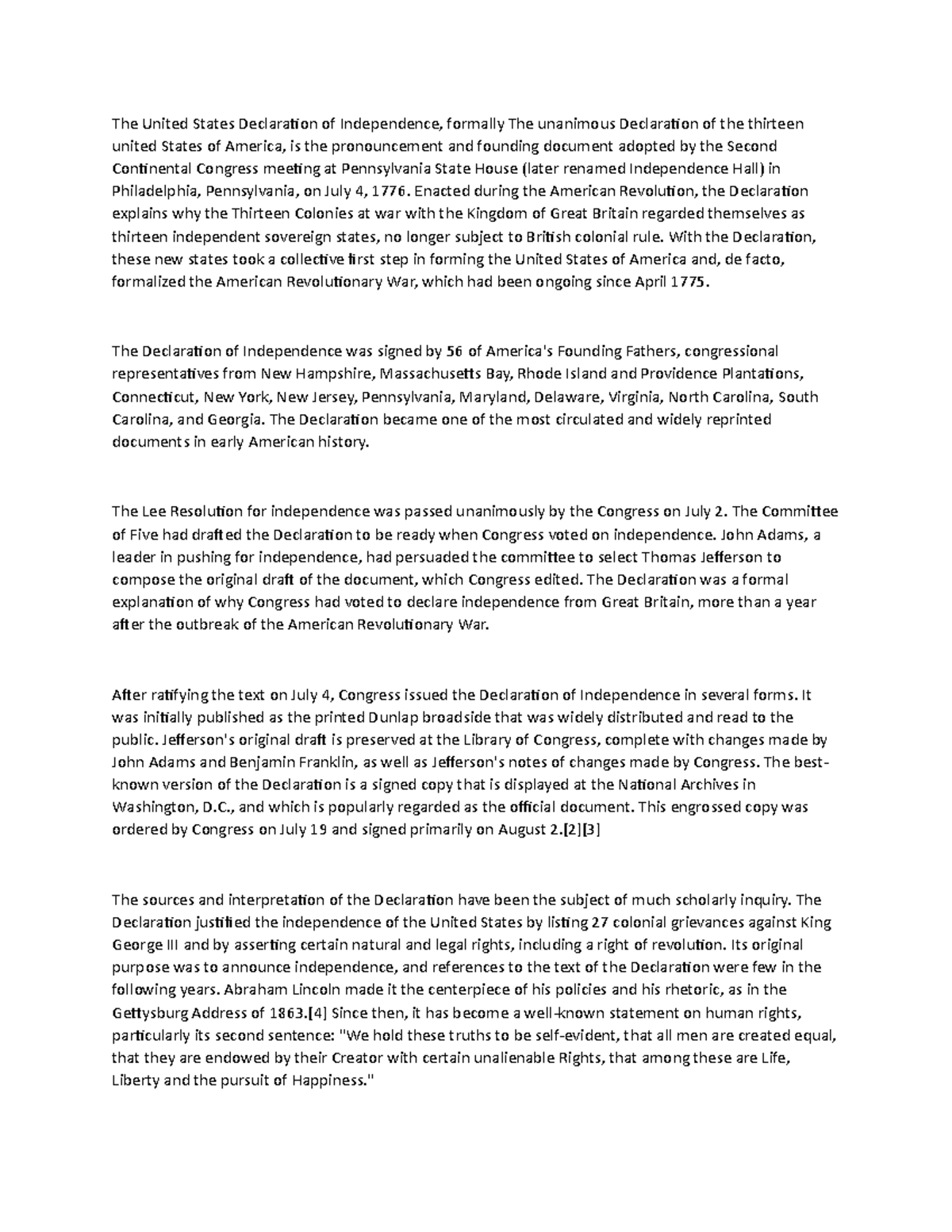The United States Declaration of Independence - Enacted during the ...