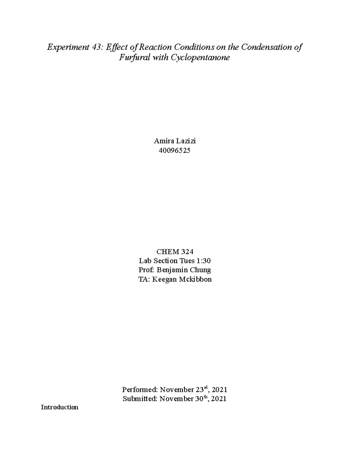 Experiment 43 CHEM 325 Lab report - Chm 344L - Concordia - Studocu