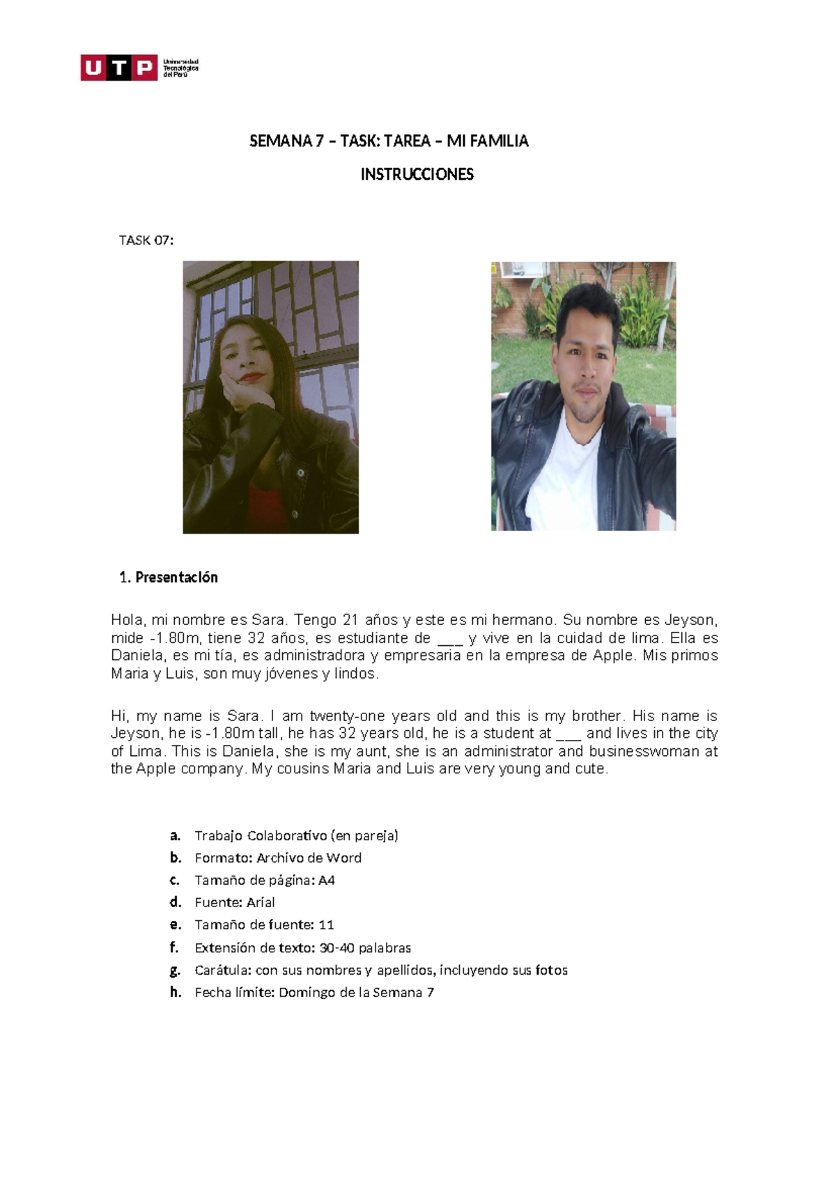 Semana 7 - trabajo - SEMANA 7 – TASK: TAREA – MI FAMILIA INSTRUCCIONES TASK 07: 1. Presentación ...