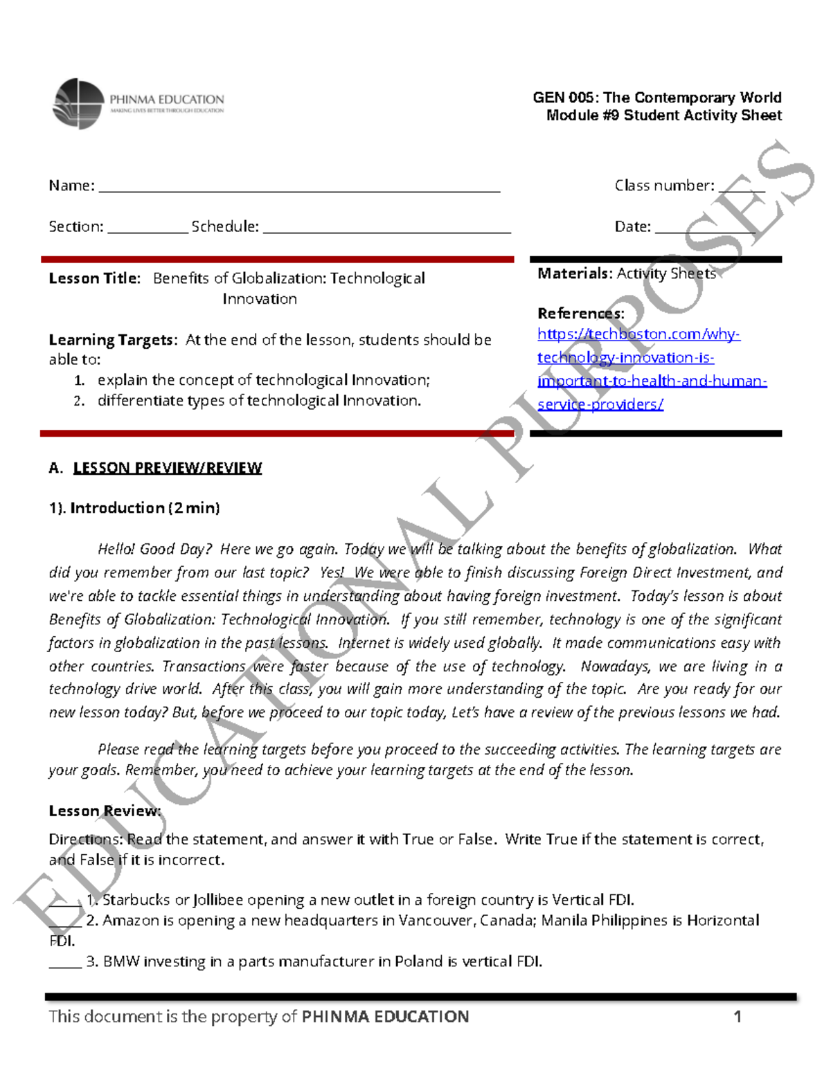 Leeson 9 - contemporary - Module #9 Student Activity Sheet Name: - Studocu