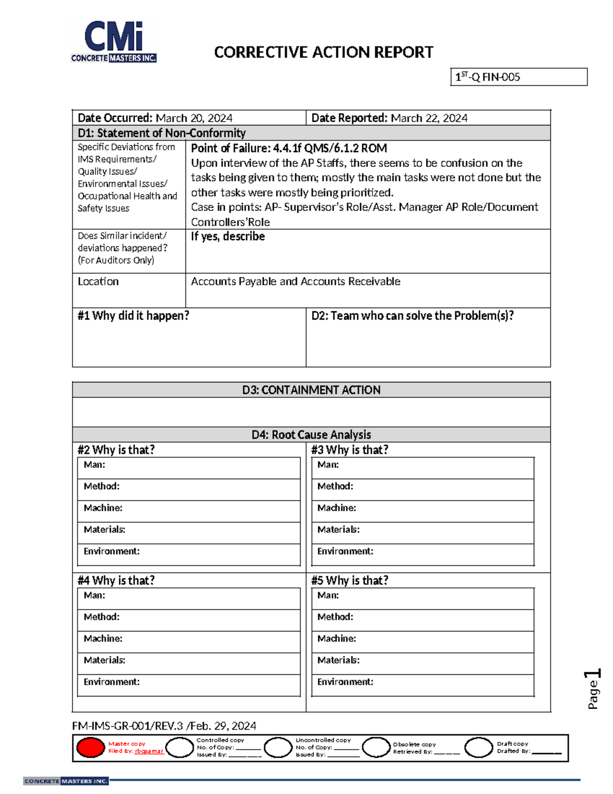 FIN-005 - Corrective action - Page 1 CORRECTIVE ACTION REPORT Date ...