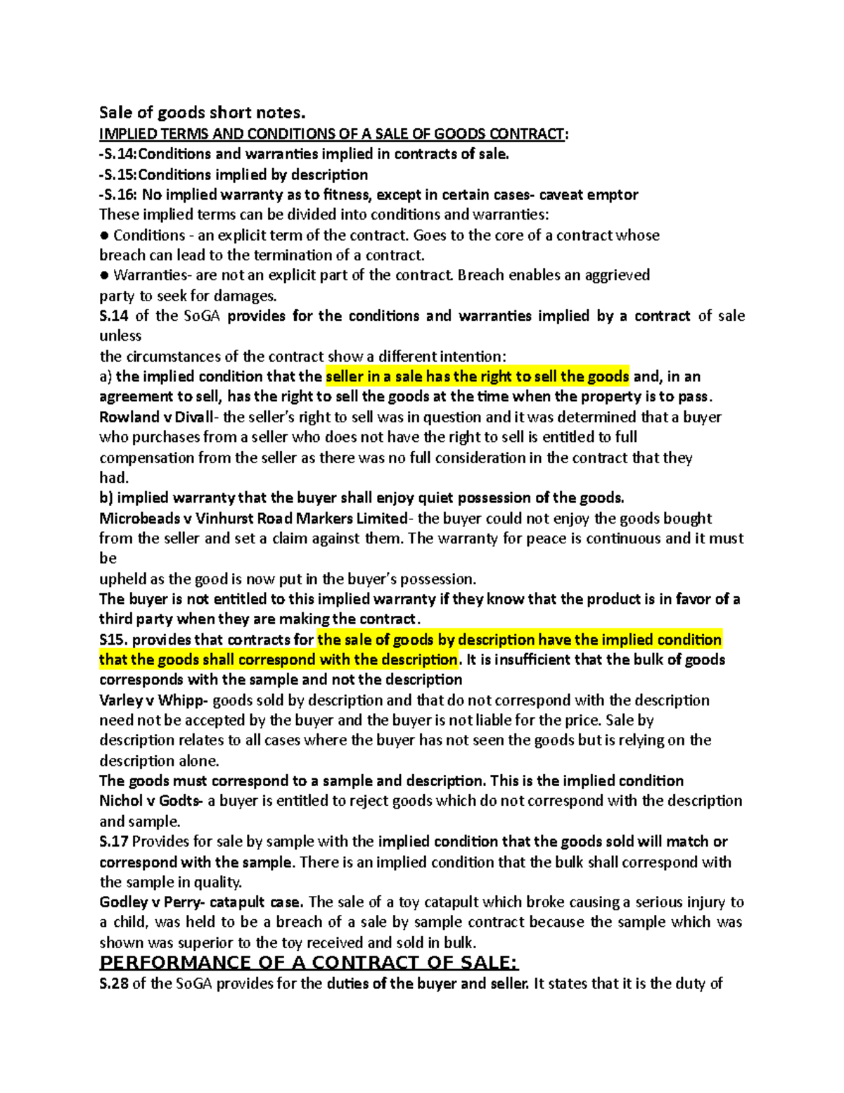Commercial LAW Notes - Sale of goods short notes. IMPLIED TERMS AND ...