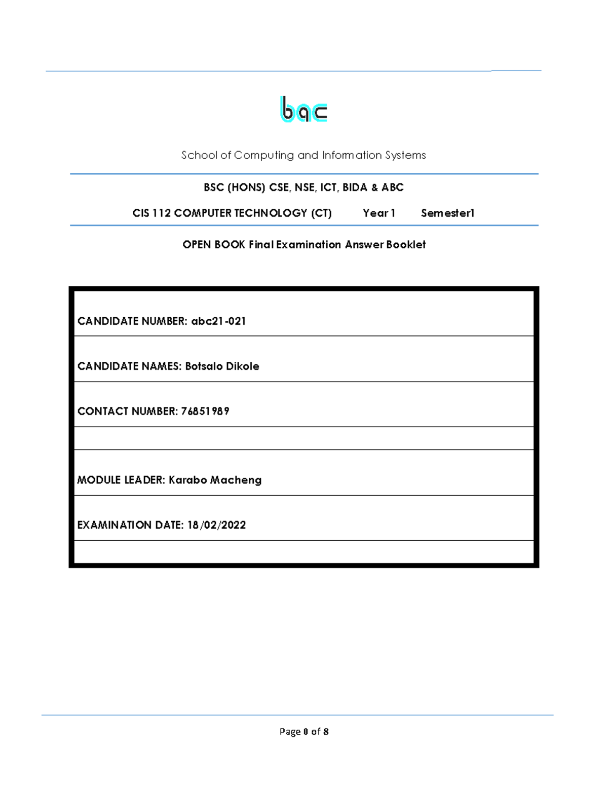 CT Final Exam Answer booklet - School of Computing and Information Systems BSC (HONS) CSE, NSE ...