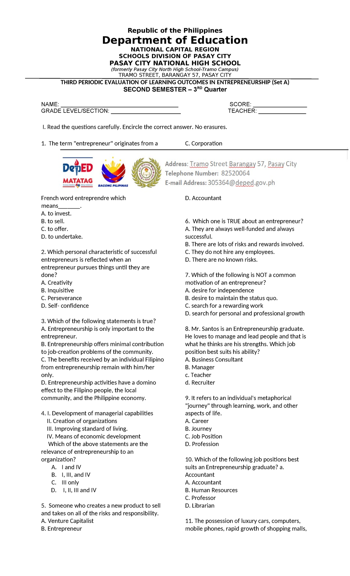 Entrep 3rd q Set A - EXAMINATION - Republic of the Philippines Department of Education NATIONAL ...