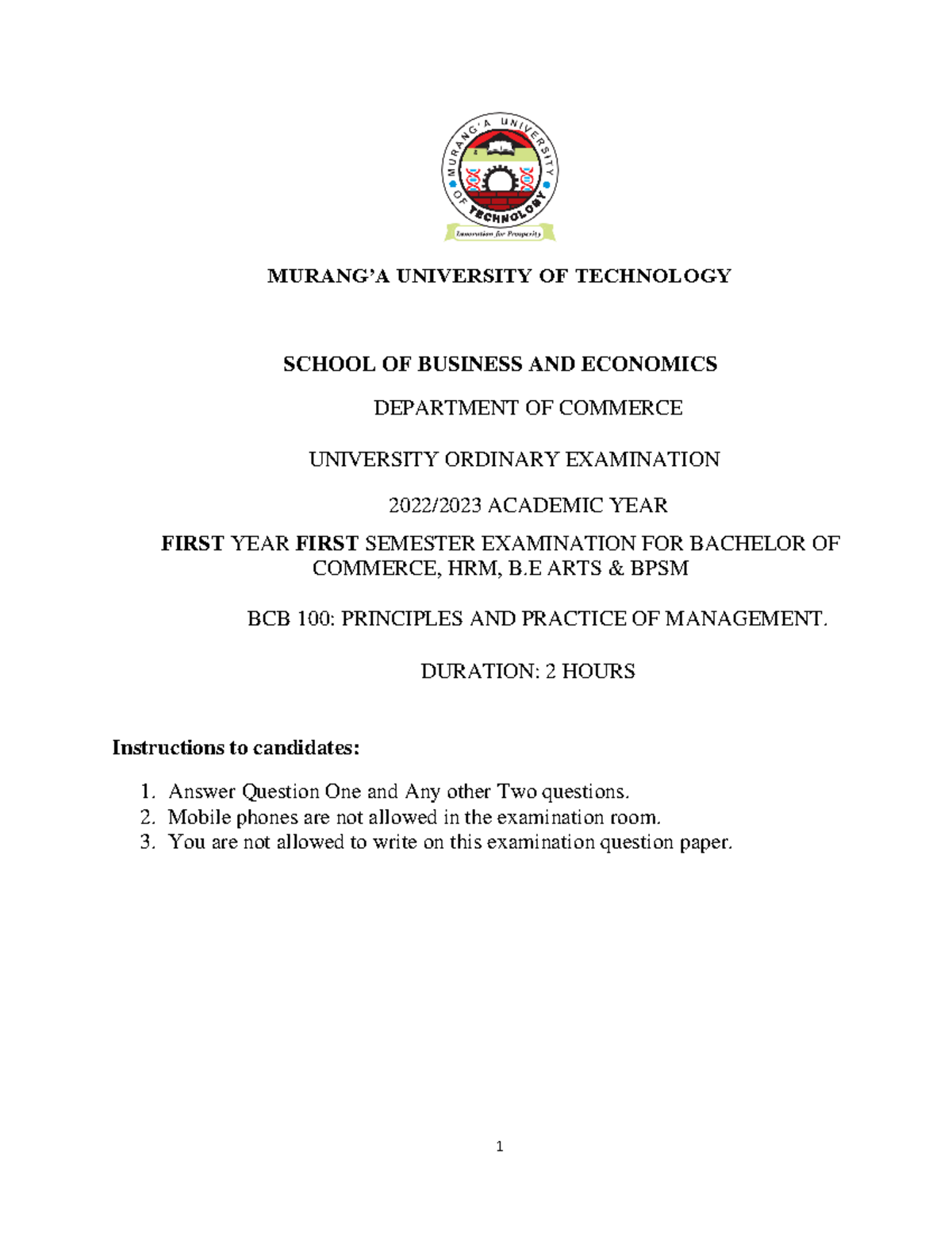BCB 100 Principles AND Practice OF Management - 1 MURANG’A UNIVERSITY ...