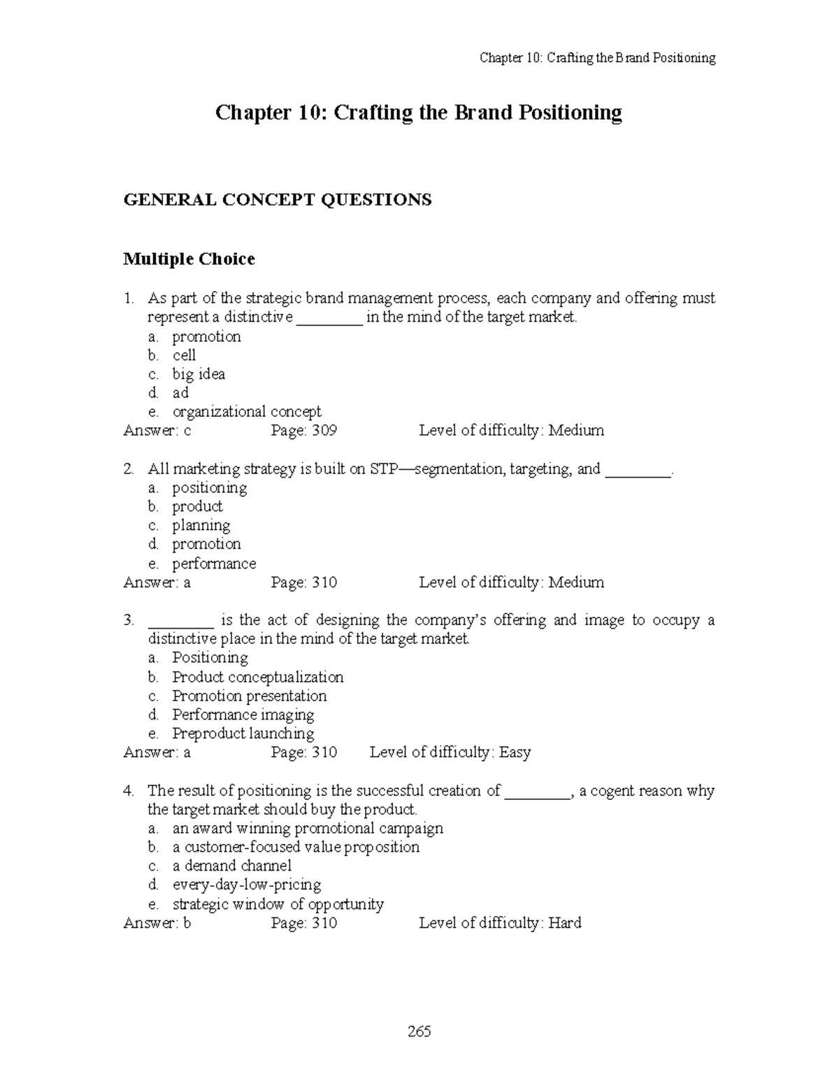 Multiple Choice - Fragen - Chapter 10: Crafting the Brand Positioning ...