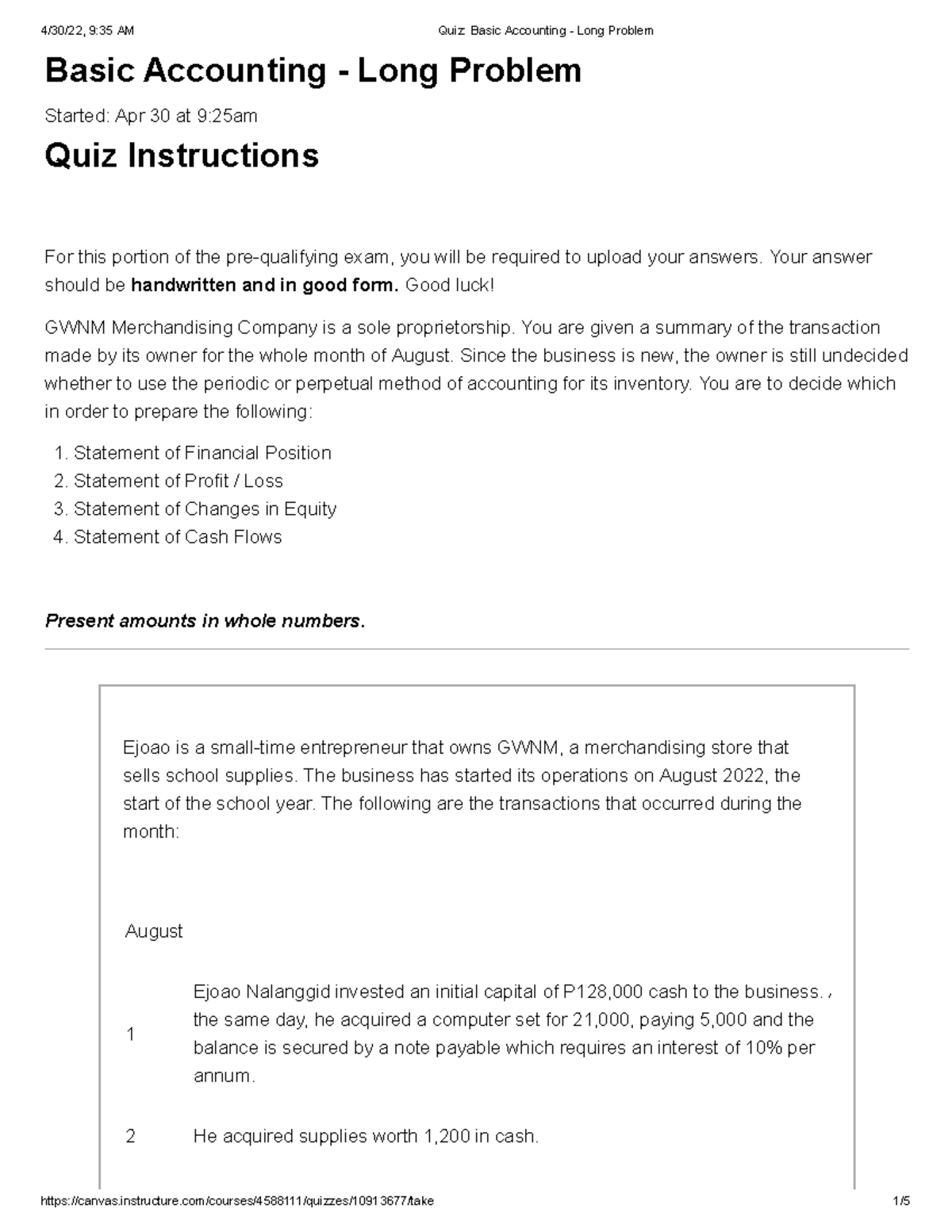Quiz Basic Accounting - Long Problem - Basic Accounting - Long Problem ...