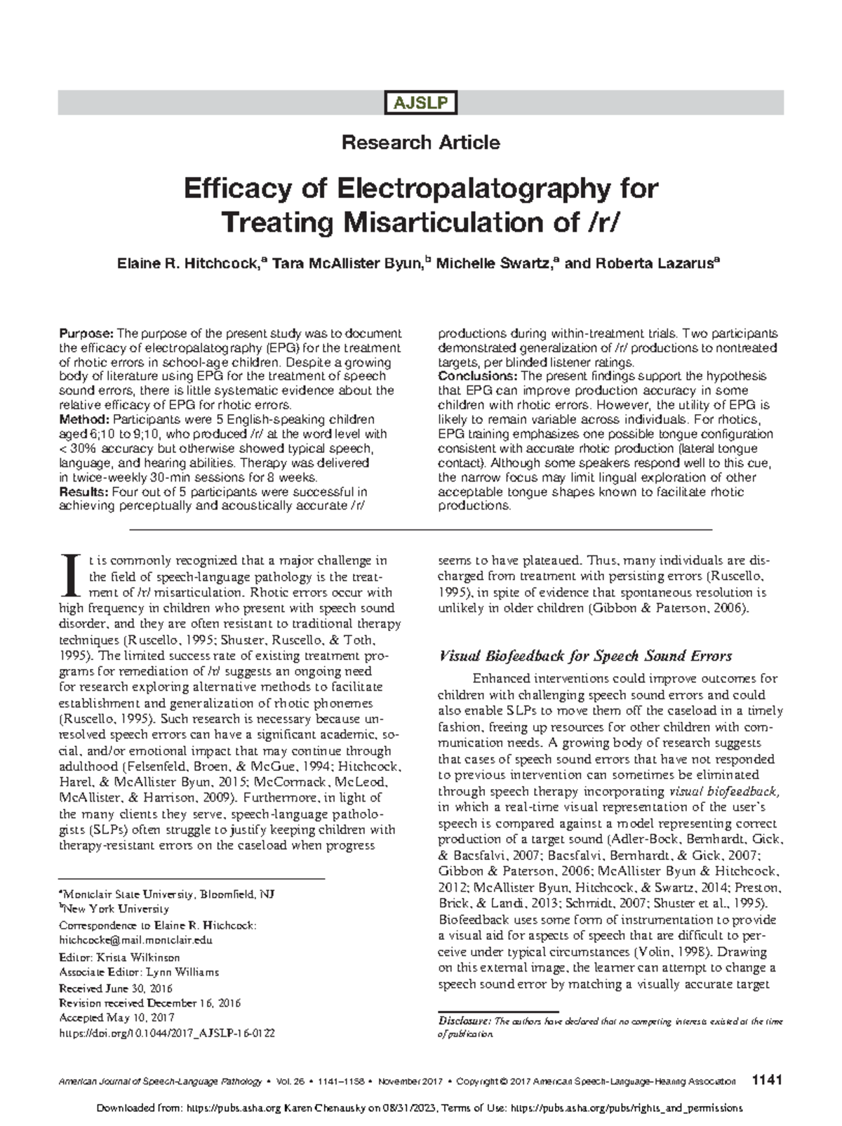 Hitchcock et al 2017 electropalatography for r - AJSLP Research Article ...