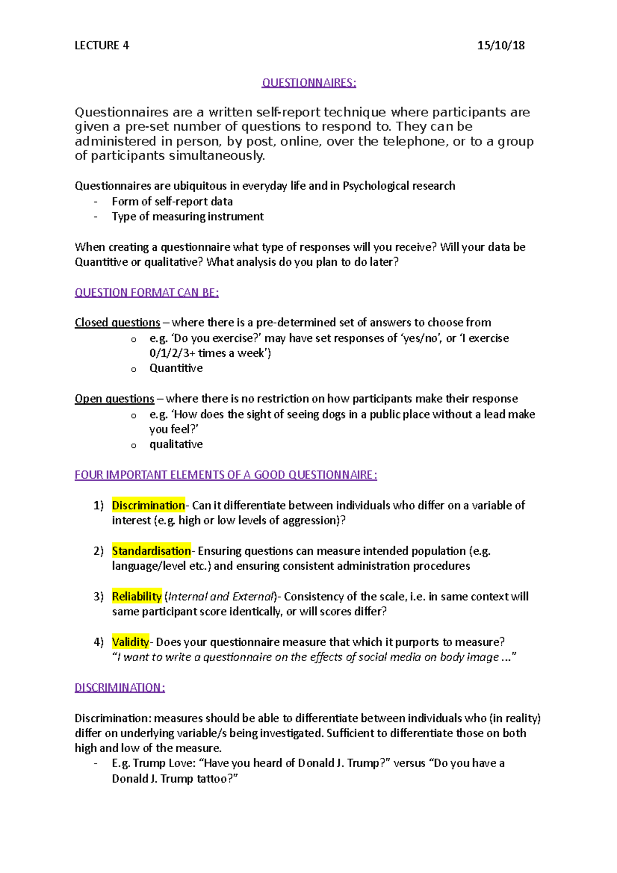 L4- Questionnaires - Lecture notes 4 - QUESTIONNAIRES: Questionnaires ...