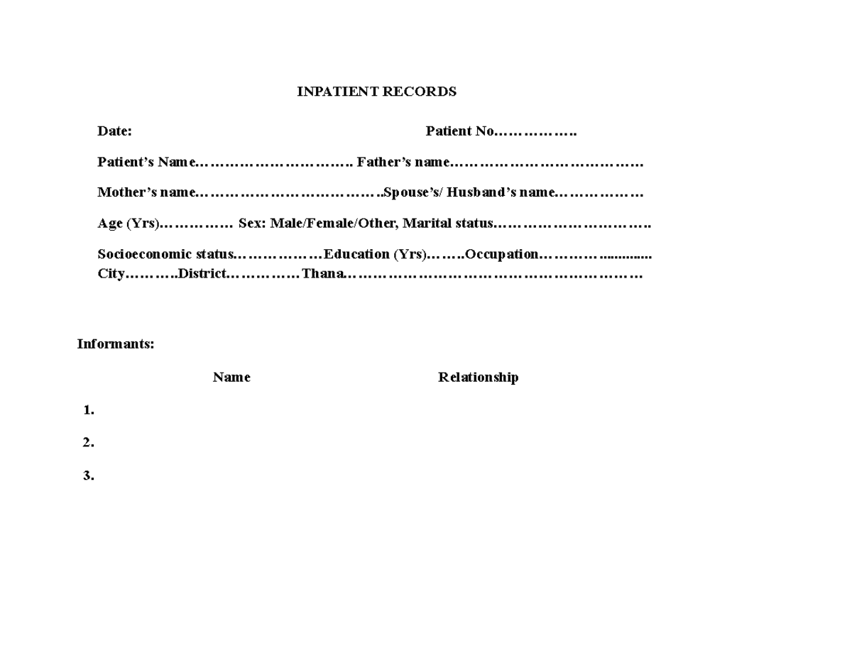 Untitled document (10) - INPATIENT RECORDS Date: Patient No................. Patient’s - Studocu