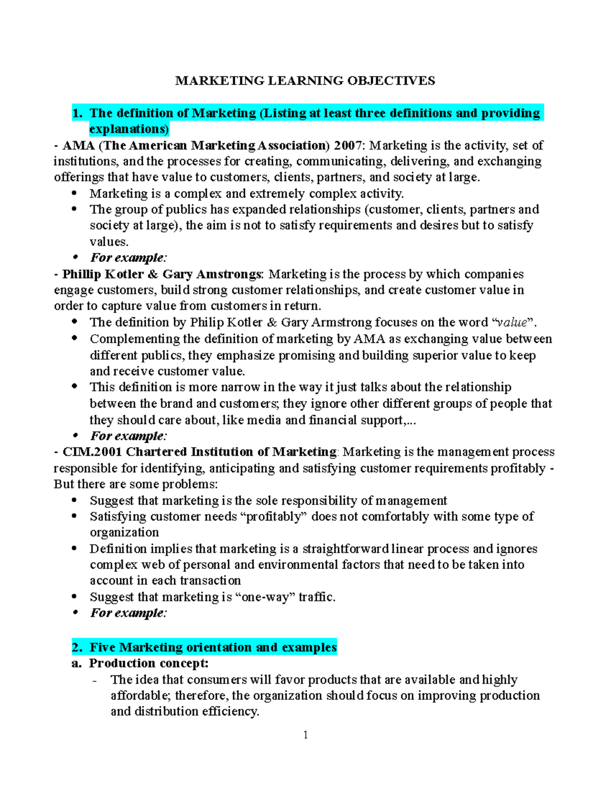 Marketing Learning Objectives - MARKETING LEARNING OBJECTIVES The ...