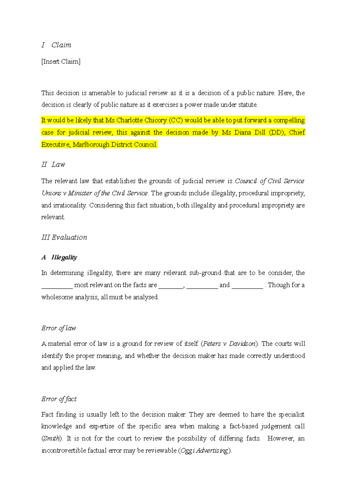 JR-Structure - Judicial review Structure - I Claim [Insert Claim] This ...