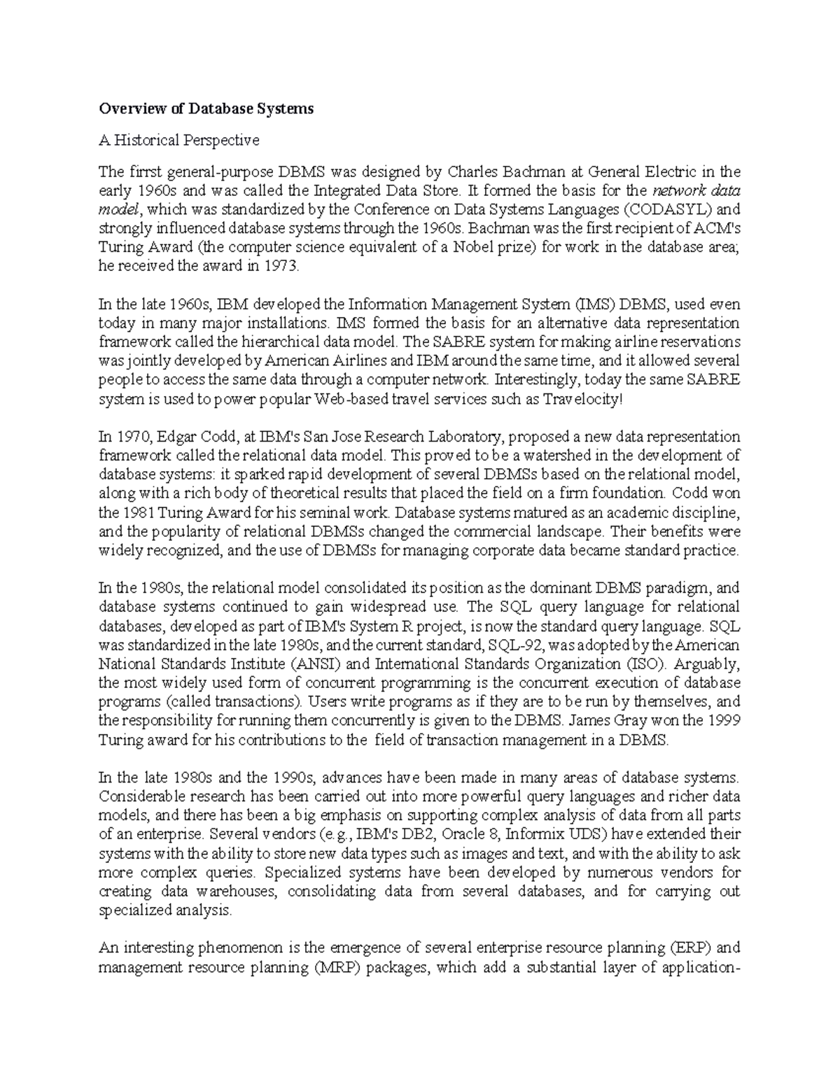 1.1A Historical Perspective - Overview of Database Systems A Historical ...