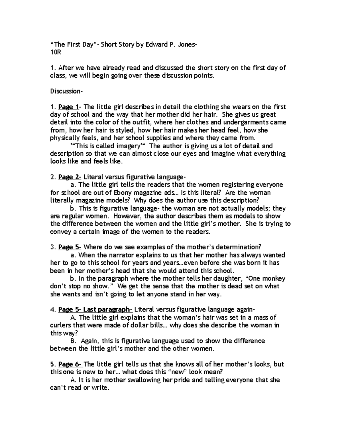 10R The First Day discussion questions - “The First Day”- Short Story ...
