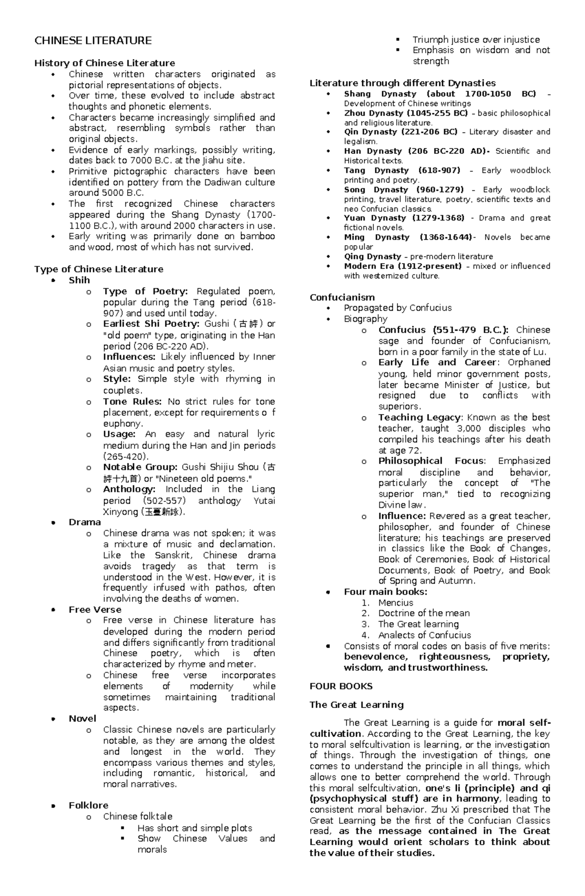 Chinese Literature Handout Reviewer - CHINESE LITERATURE History of ...