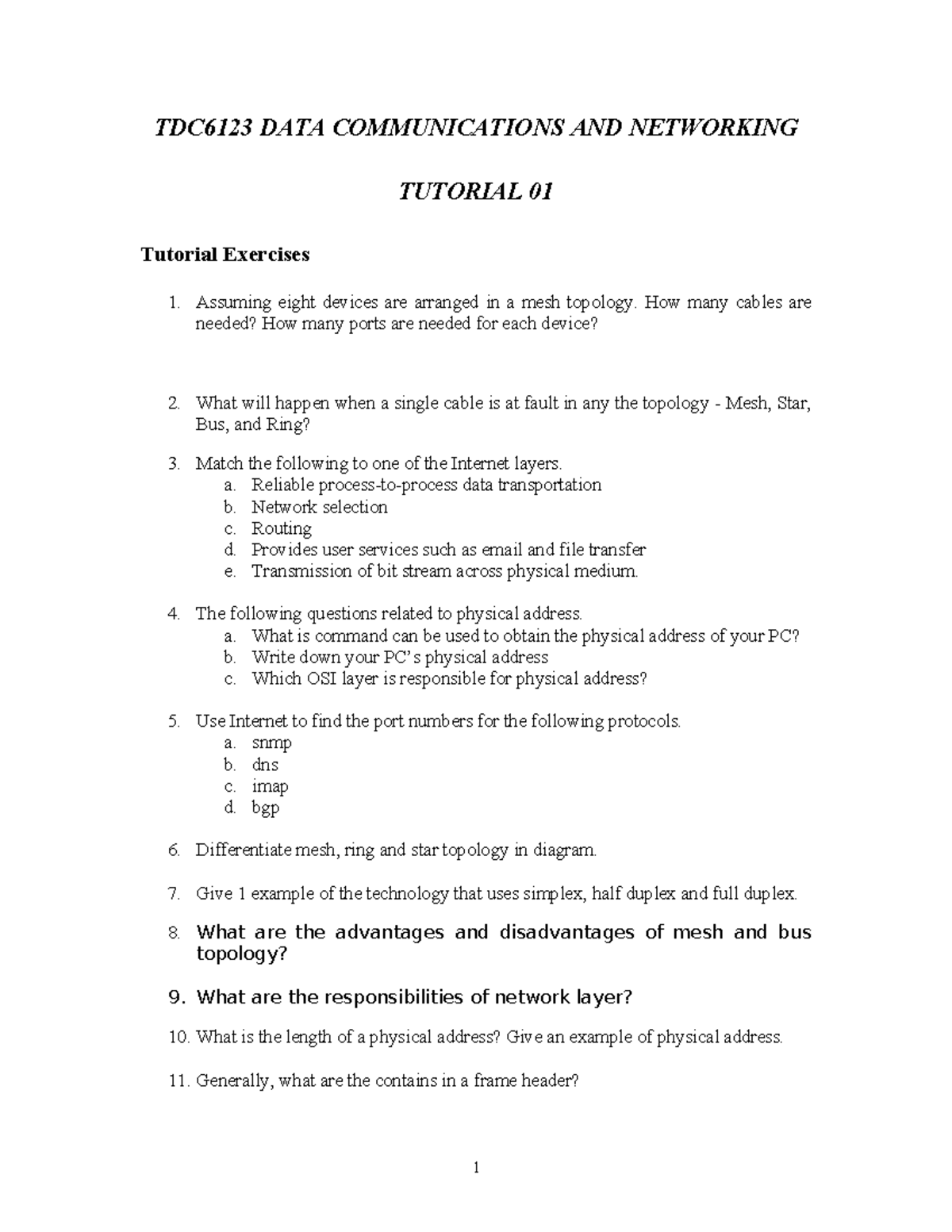 Tut01 New V3 Updated Tdc6123 Data Communications And Networking Tutorial 01 Tutorial