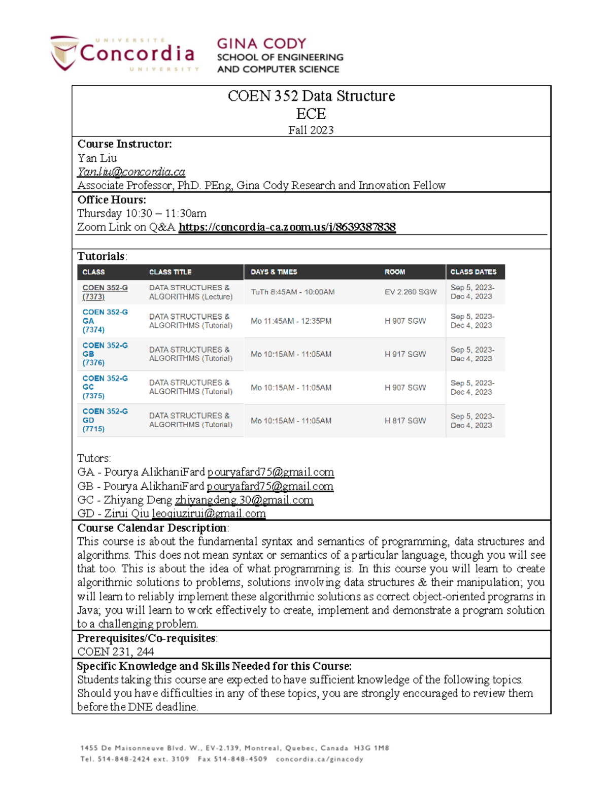 Coen352-Course Outline-2023Fall - COEN 352 Data Structure ECE Fall 2023 Course Instructor: Yan ...