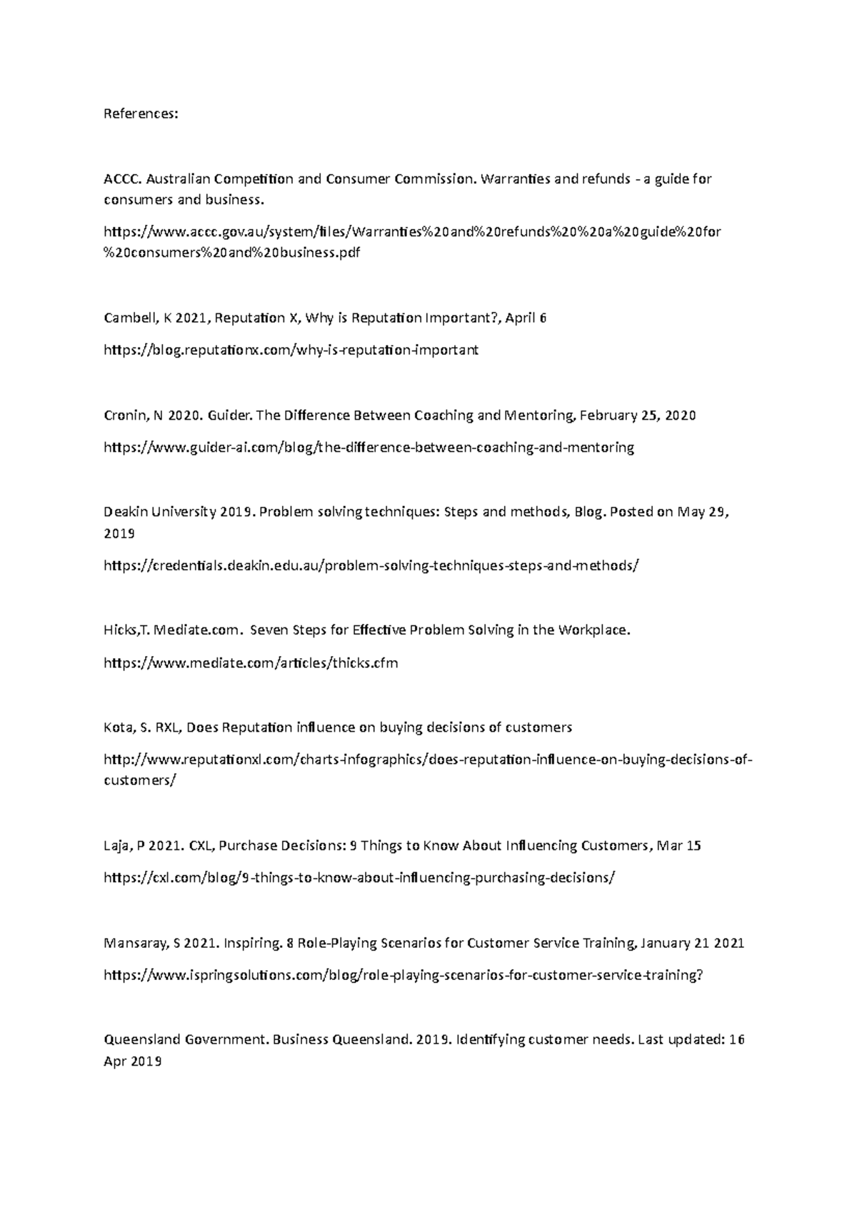 References Assessment Manage quality Customer Service - References ...