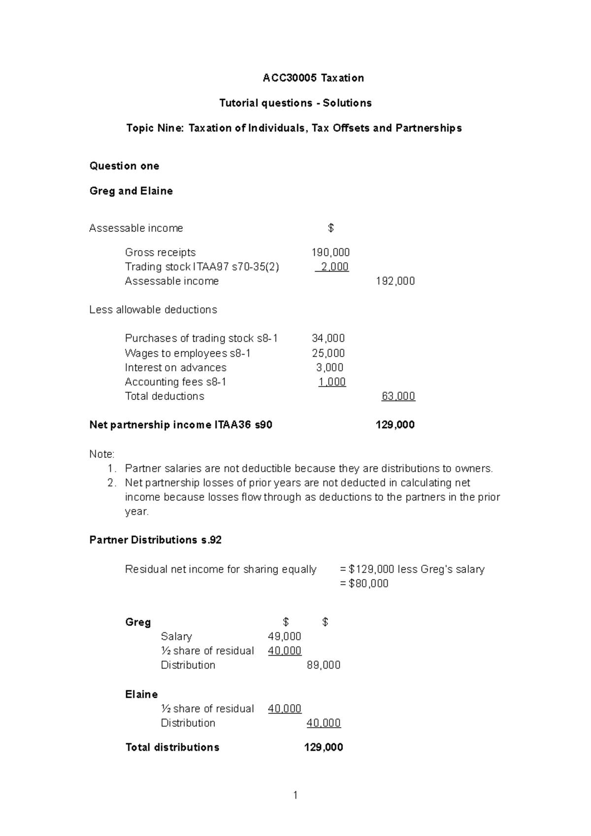 Topic 9 Indiv and Partnership soln - ACC30005 Taxation Tutorial ...