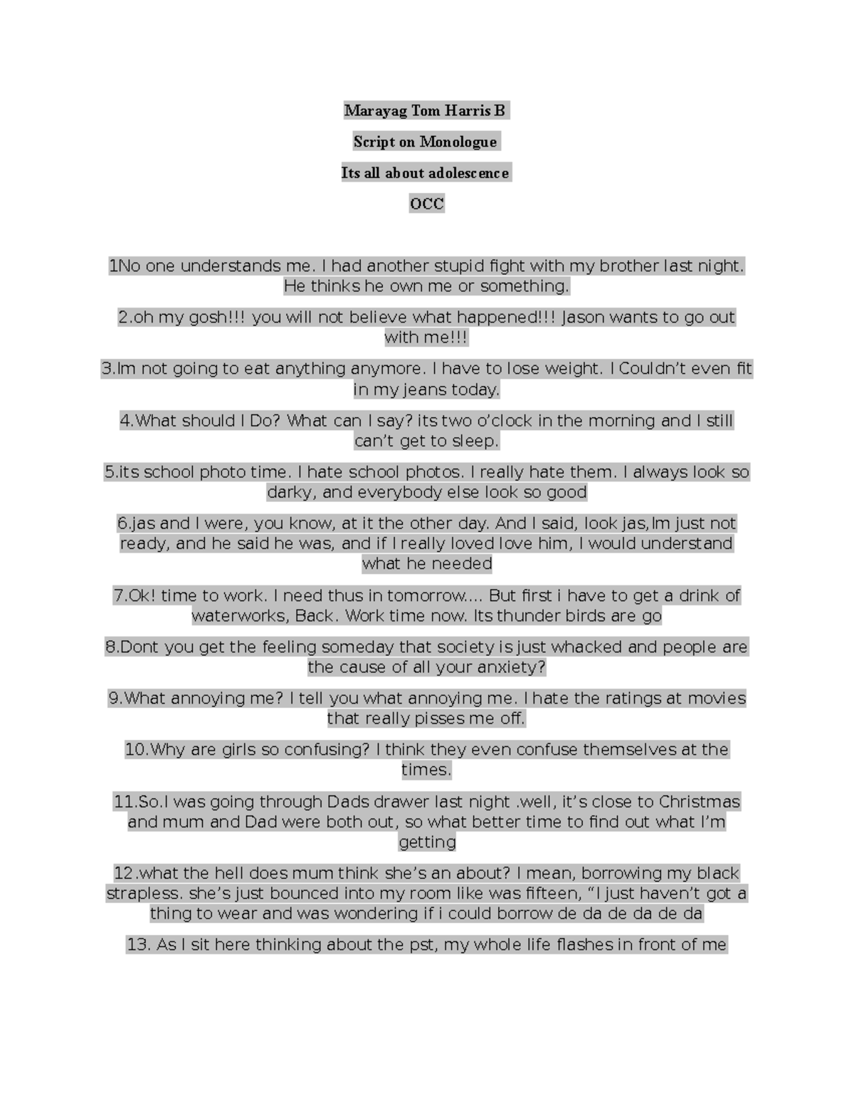 1No one understand me - English - Marayag Tom Harris B Script on ...