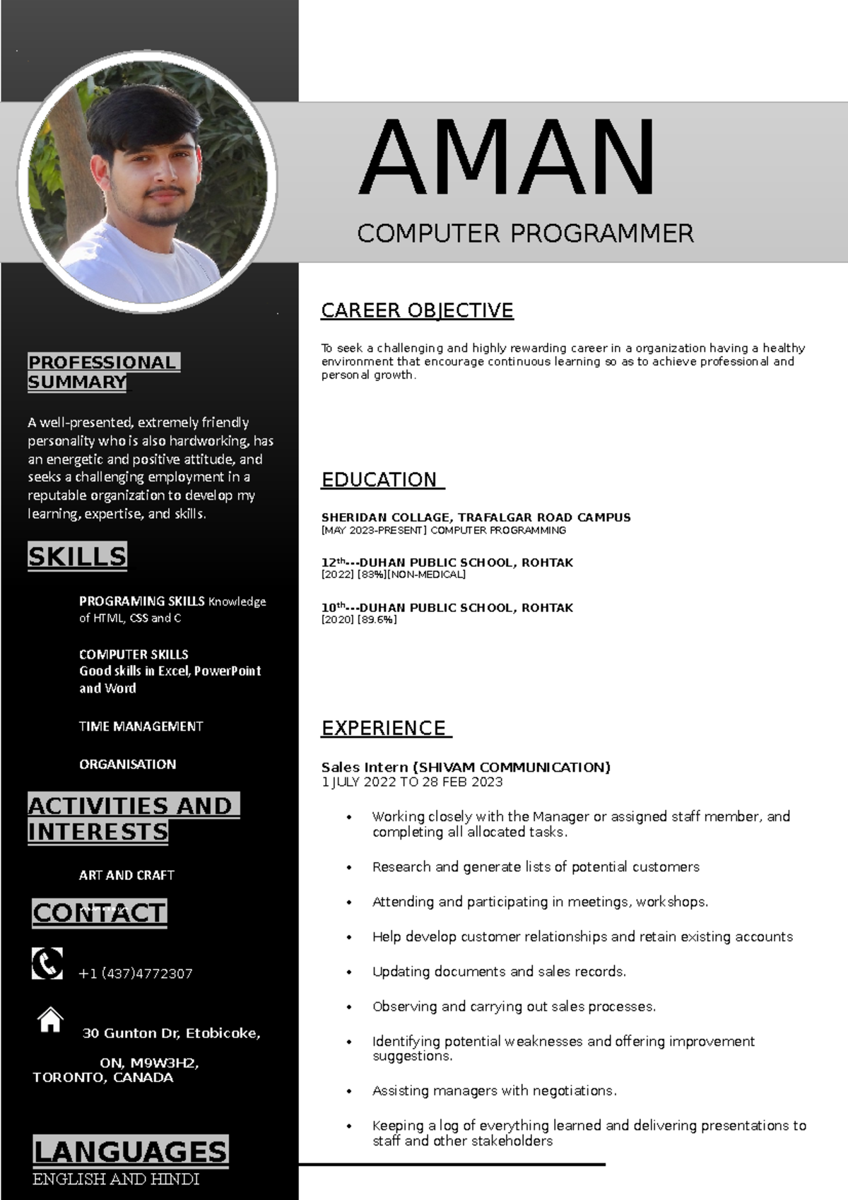 AMAN CV - jnddjkcnjkandwc - LANGUAGES ENGLISH AND HINDI CONTACT +1 (437 ...