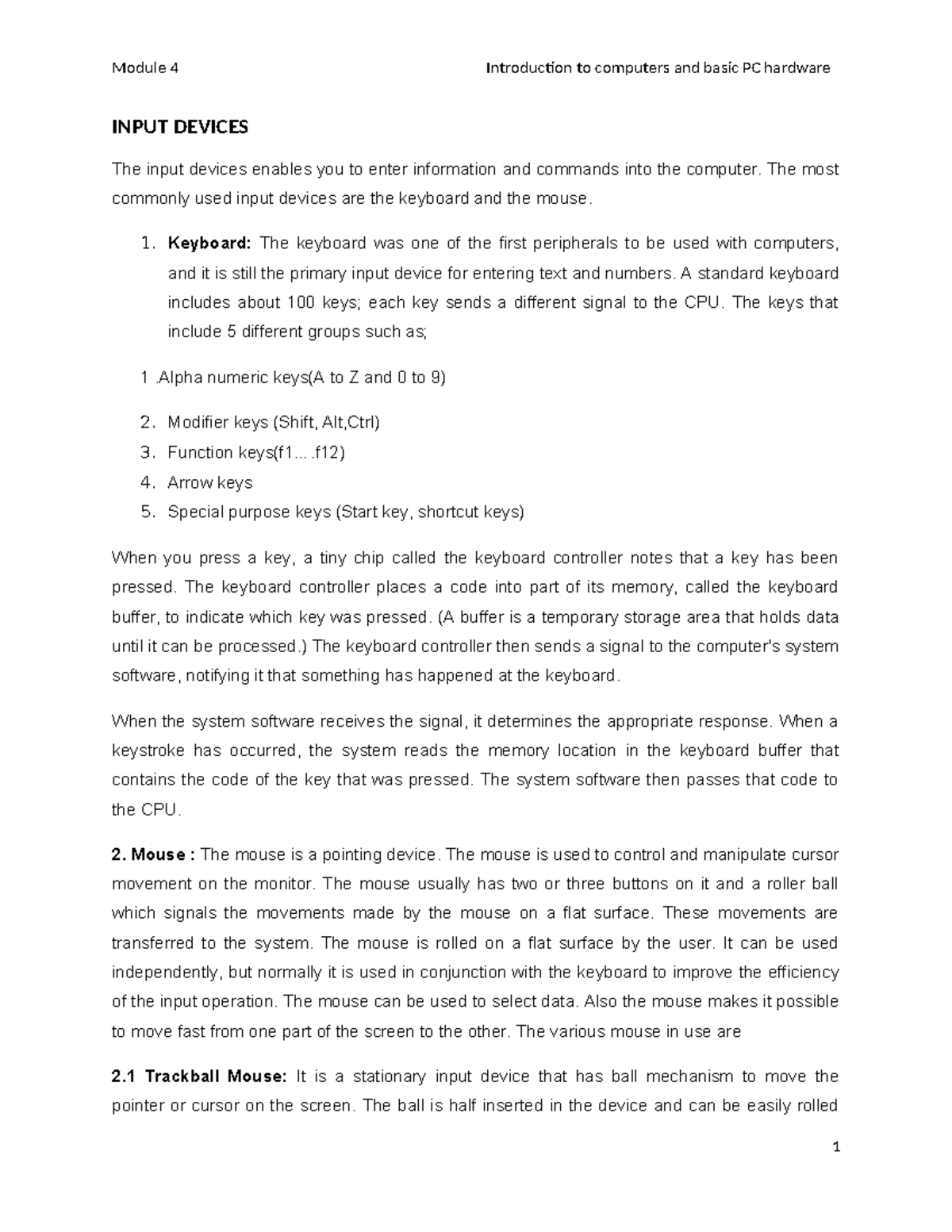 Module 4fundamentals of computer and basic pc hardware - INPUT DEVICES ...