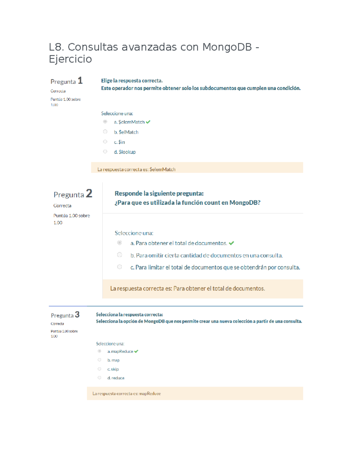 Lección numero ocho - base de datos - L8. Consultas avanzadas con MongoDB - Ejercicio - Studocu