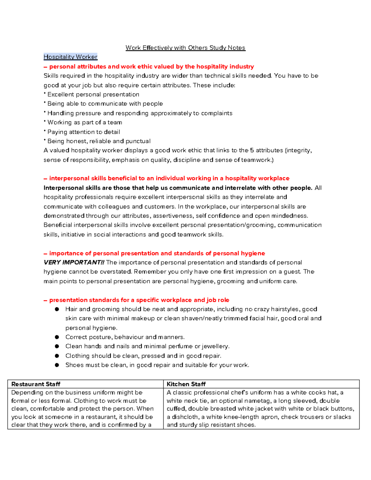 HSC Hospitality Notes Work Effectively with Others - Work Effectively ...