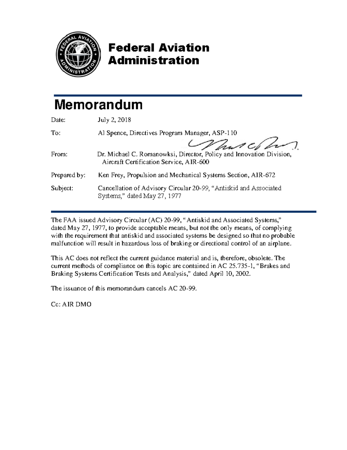 AC 20-99 Cancellation Memo - Federal Aviation Administration Memorandum ...