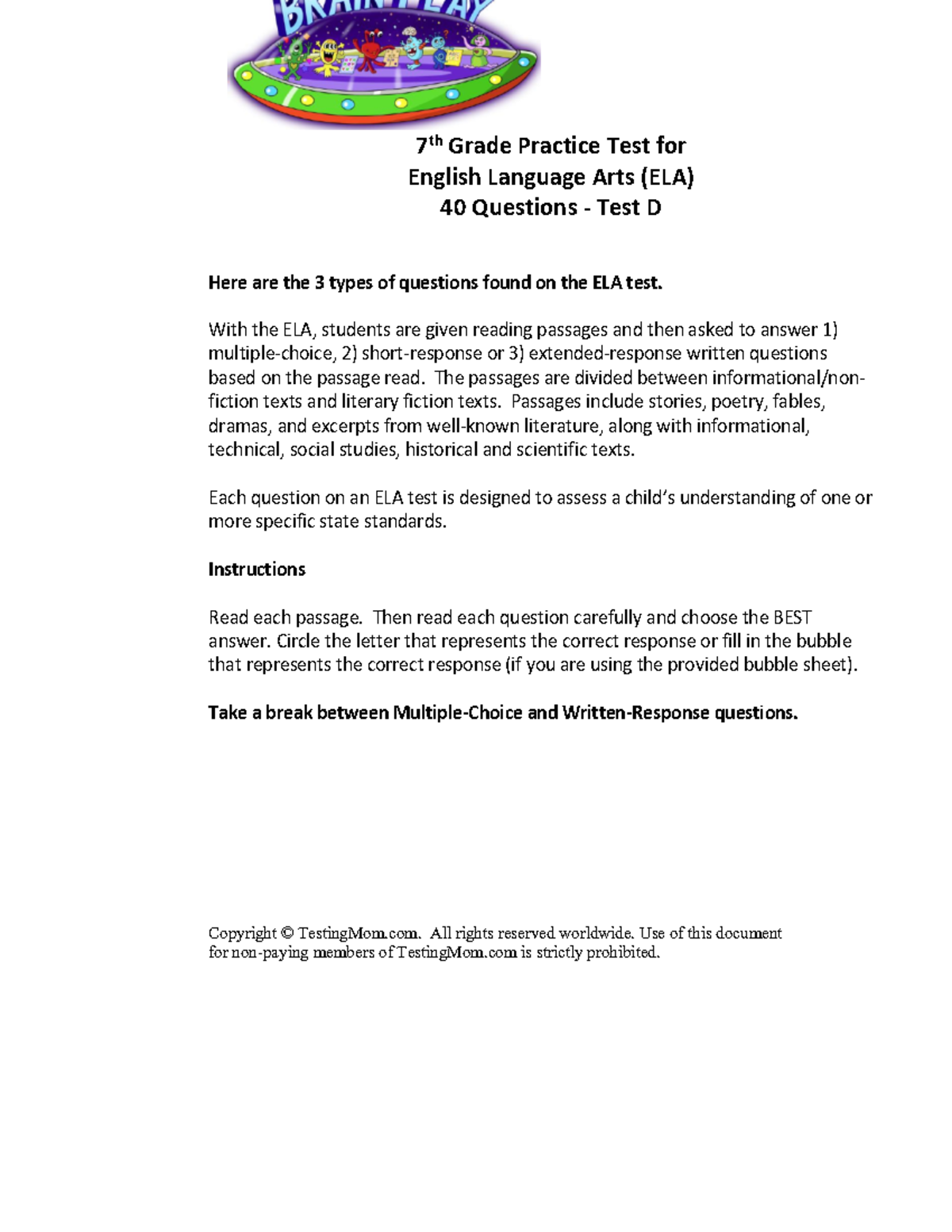 7th Grade - ELA - Test D - mm,mm,,mm - Copyright © TestingMom. All ...