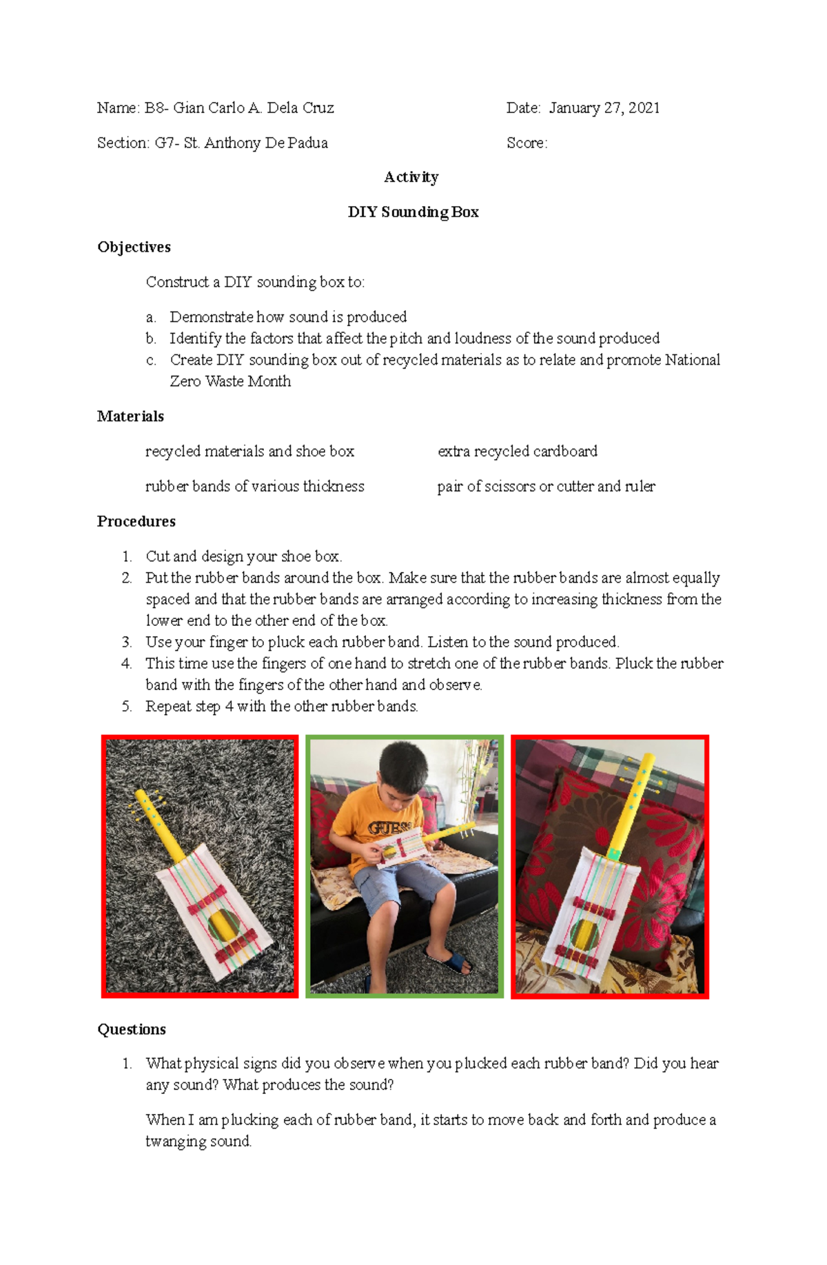Activity in SCience 7 Sounding Box - Name: B8- Gian Carlo A. Dela Cruz ...