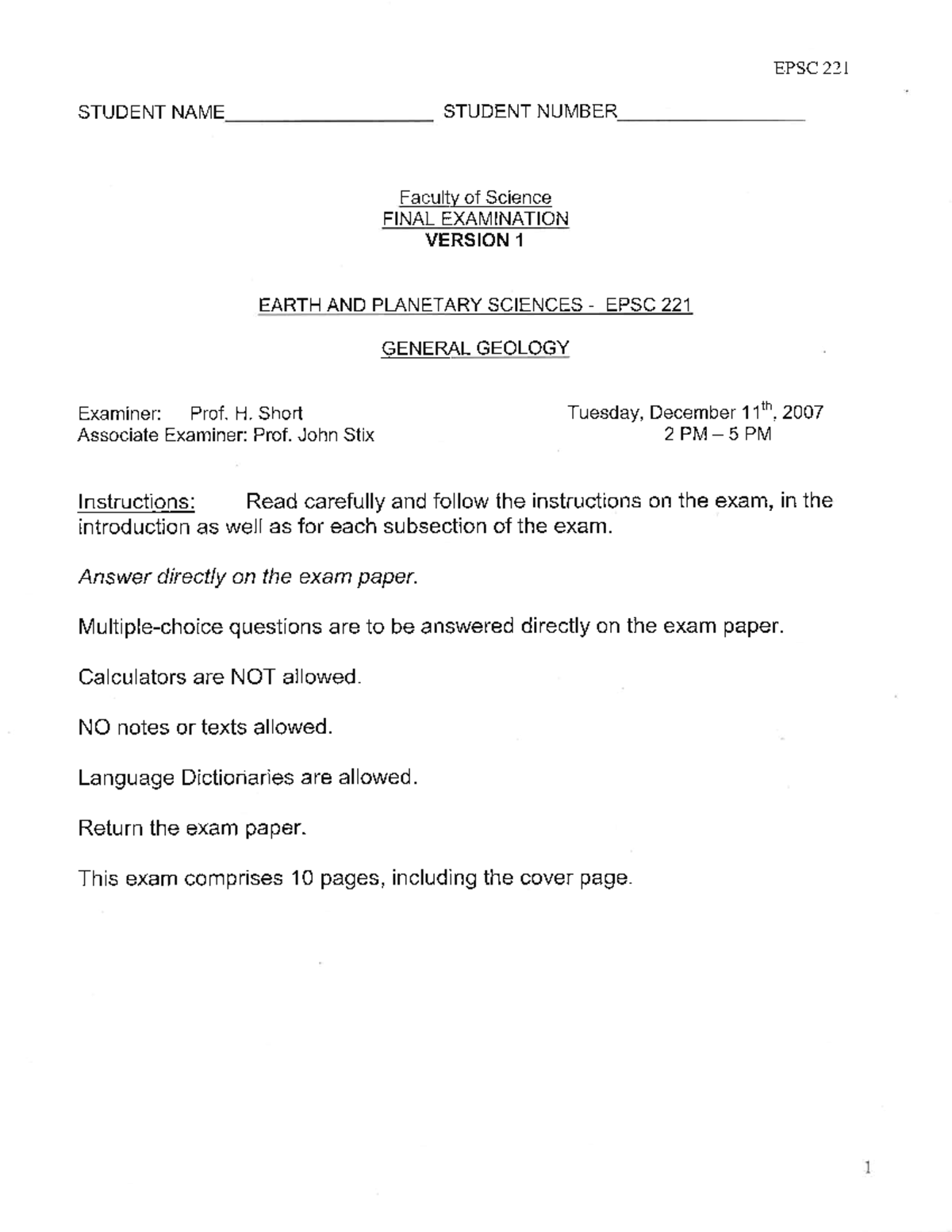 Exam 11 December 2007, questions - Epsc 221 - Studocu