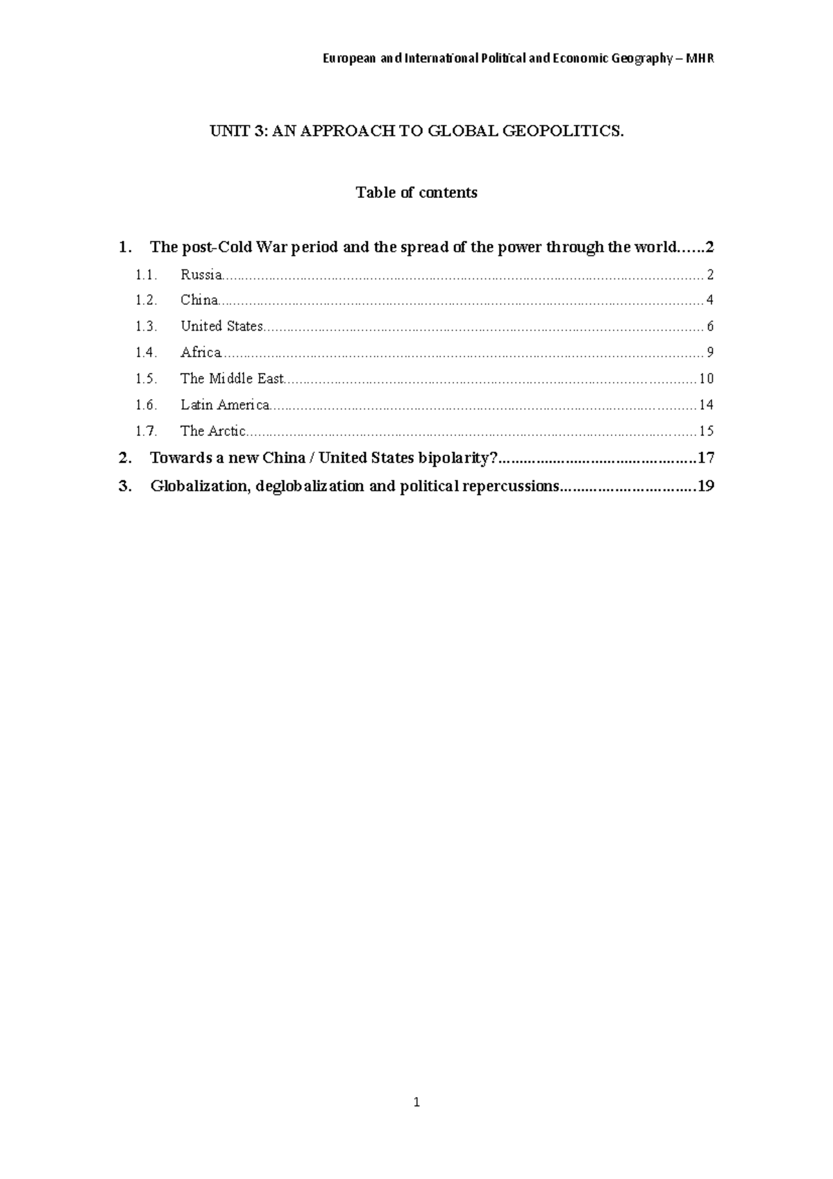 Unit 3. An approach to global geopolitics - UNIT 3: AN APPROACH TO ...