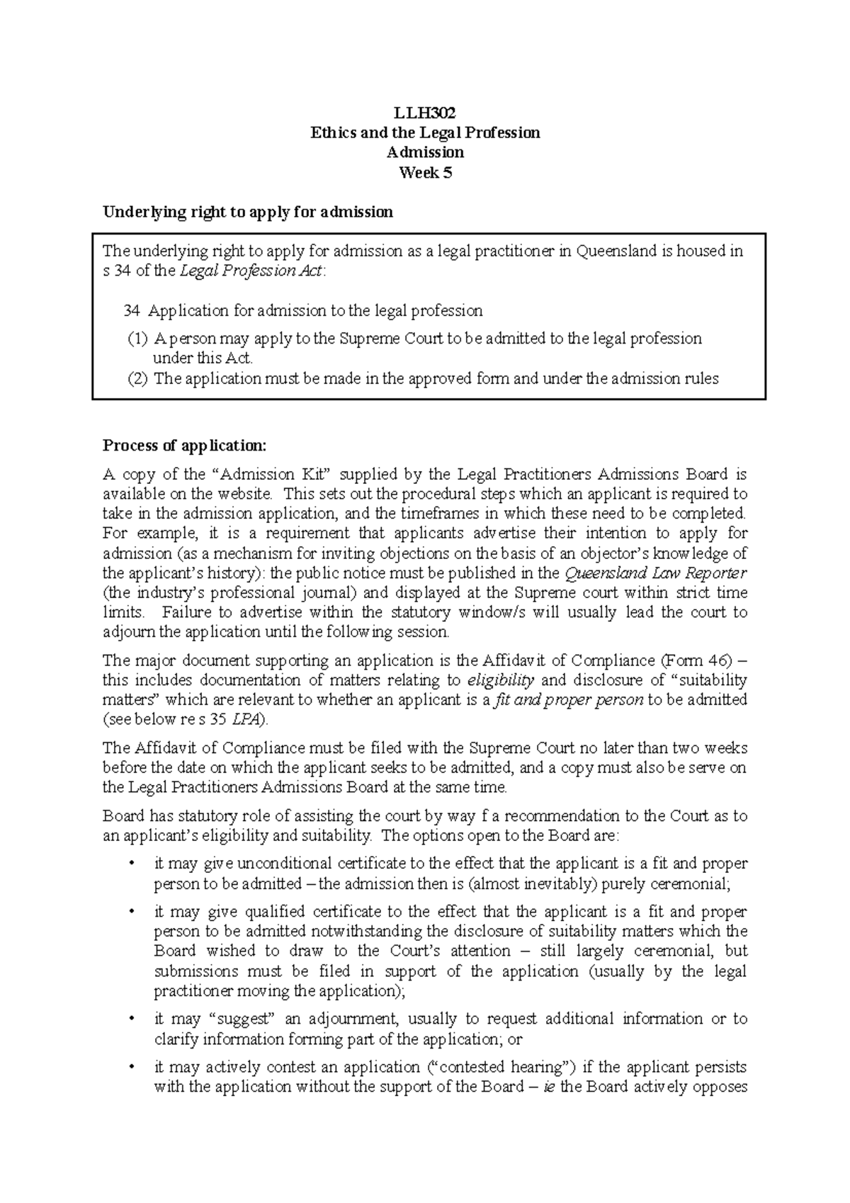 LLH302 2022 Week 5 Workbook - Admission - LLH Ethics and the Legal Profession Admission Week 5 ...