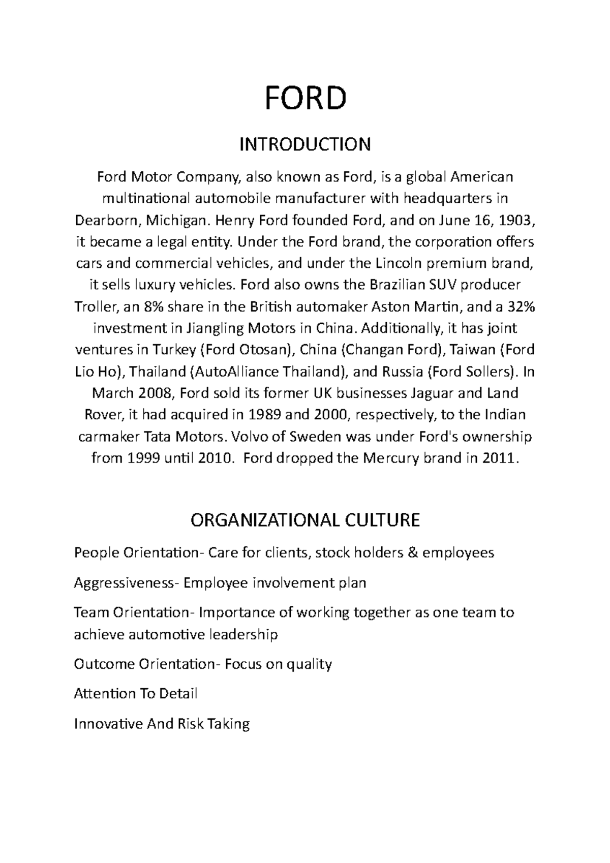 FORD (Auto Recovered) - about ford - FORD INTRODUCTION Ford Motor ...