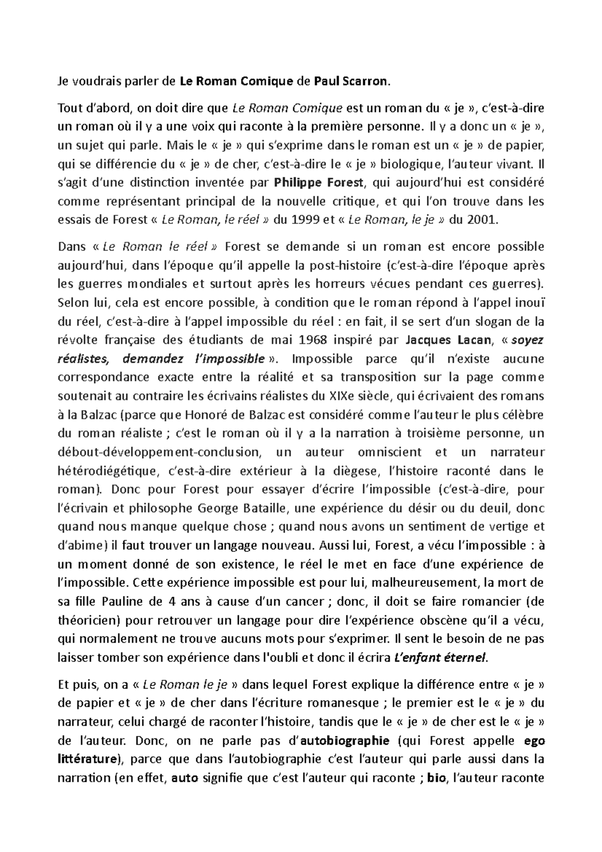 LE ROMAN COMIQUE - LE ROMAN DU JE - Je voudrais parler de Le Roman ...