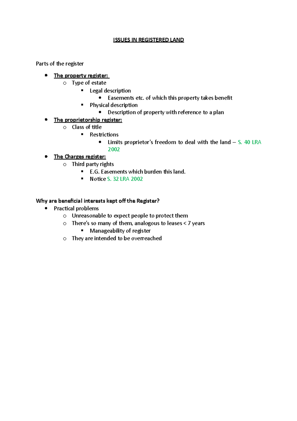 Seminar 3 notes - ISSUES IN REGISTERED LAND Parts of the register The ...
